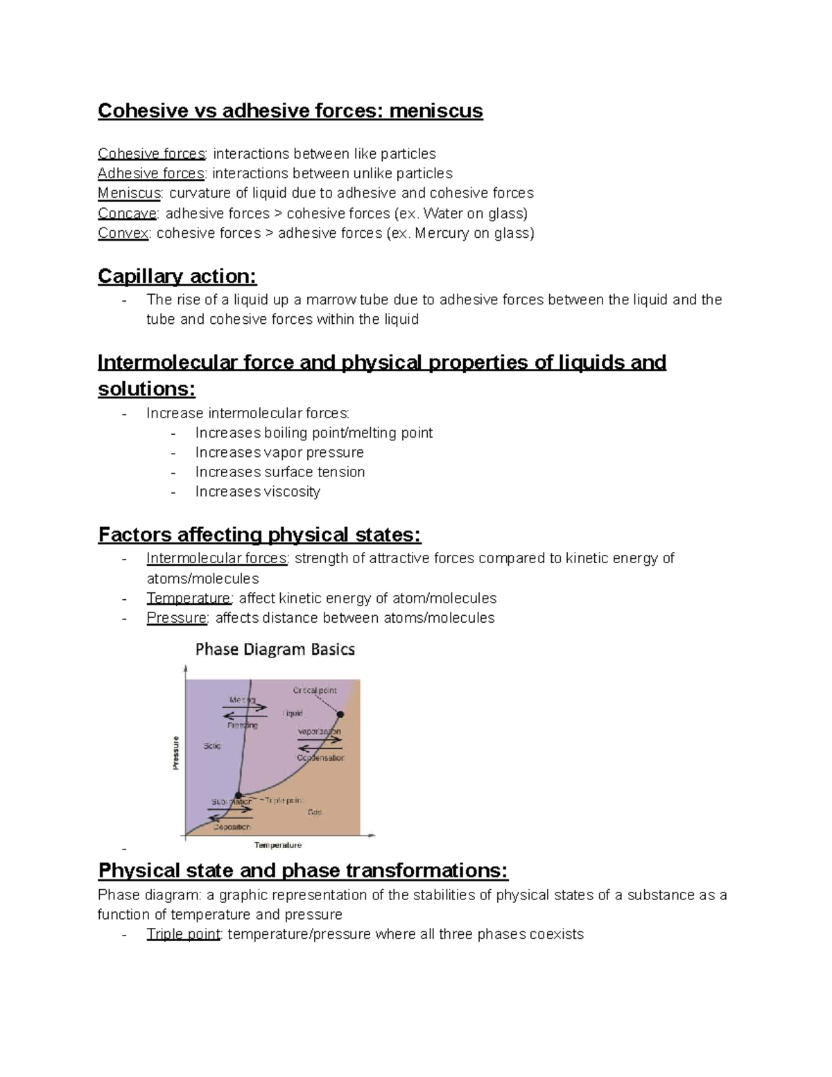 Chem 105 Notes: Cohesive vs Adhesive Forces & Phase Diagrams - Studocu