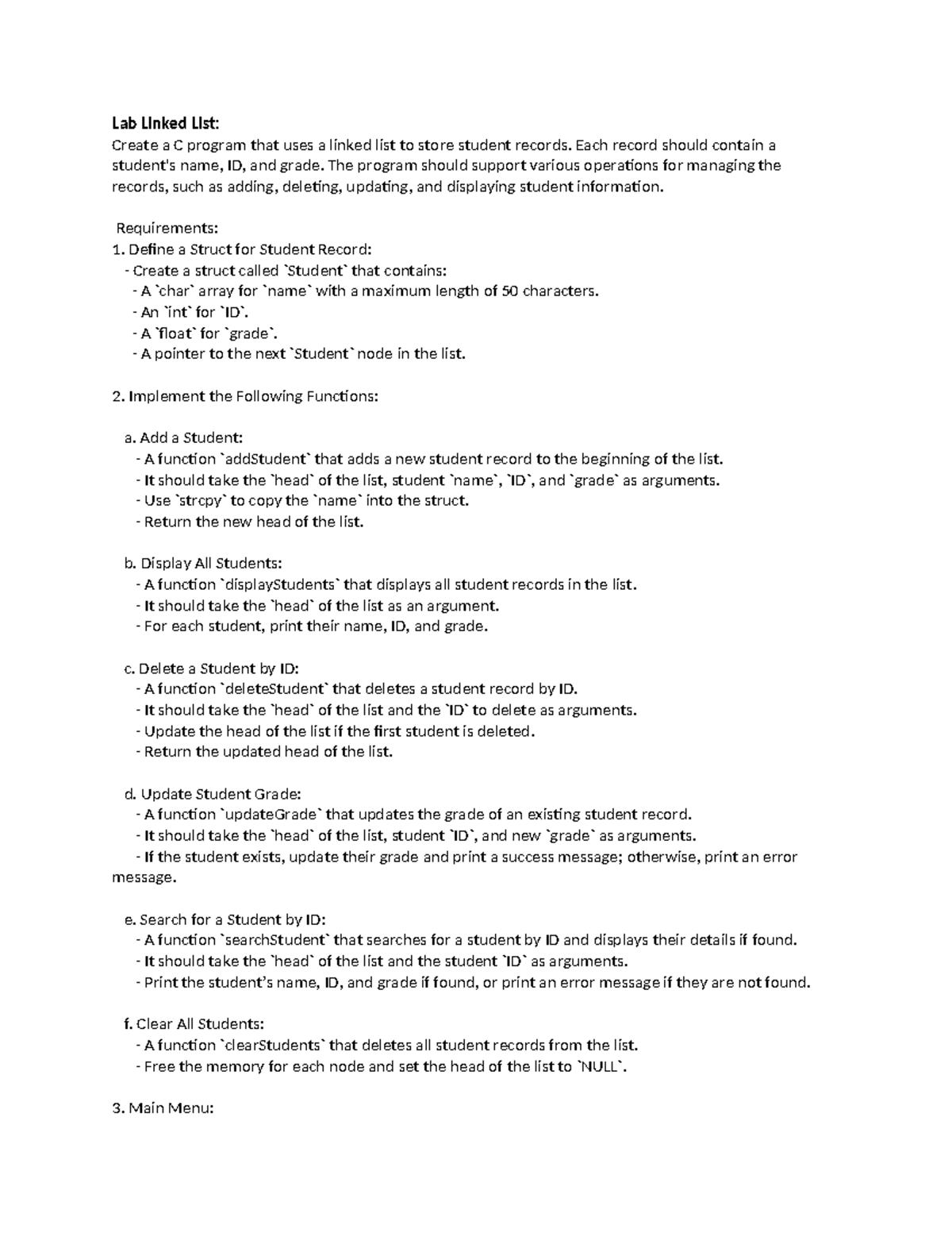 Lab Linked List (CS101): Student Records Management Program - Studocu