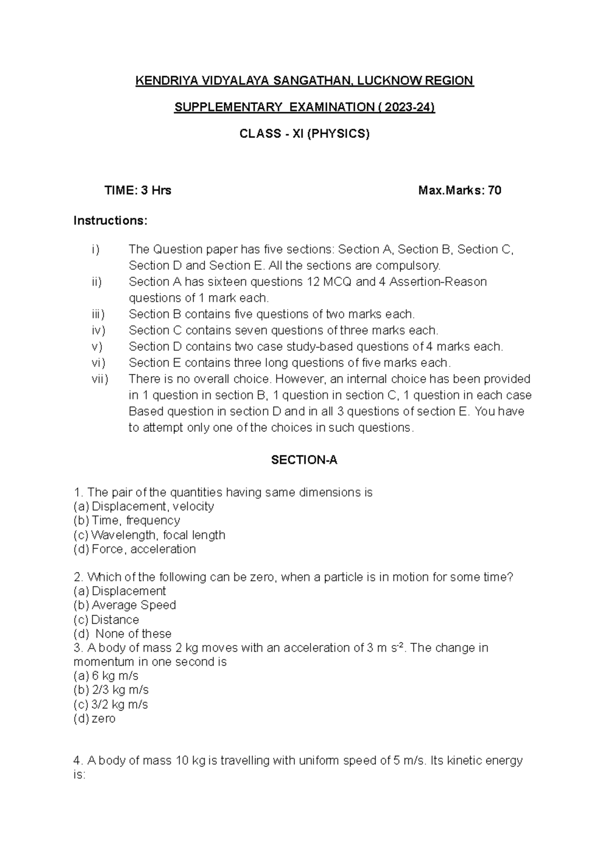 XI Physics QP - Sample Paper for Supplementary Exam - Studocu