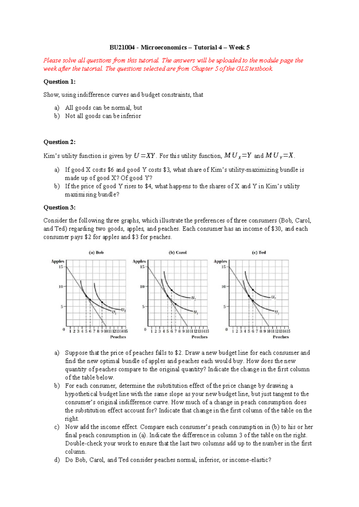 Tutorial Questions - BU21004 - Microeconomics – Tutorial 4 – Week 5 ...