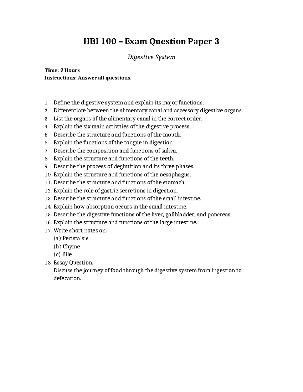 HBI 100 Final Exam Question Paper on Digestive System - Studocu