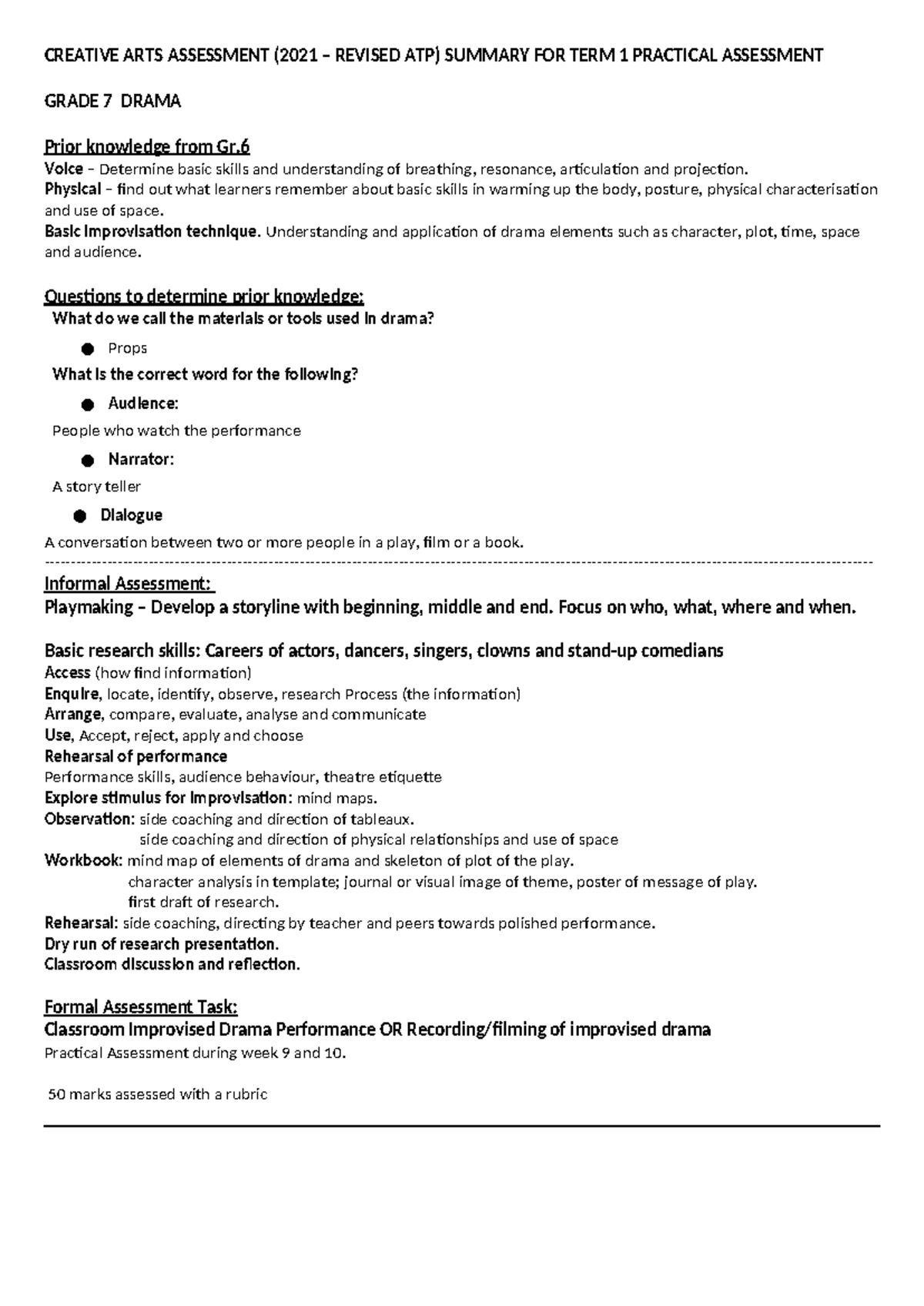GRADE 7 & 8 CREATIVE ARTS ASSESSMENT SUMMARY (2021 ATP) - Studocu