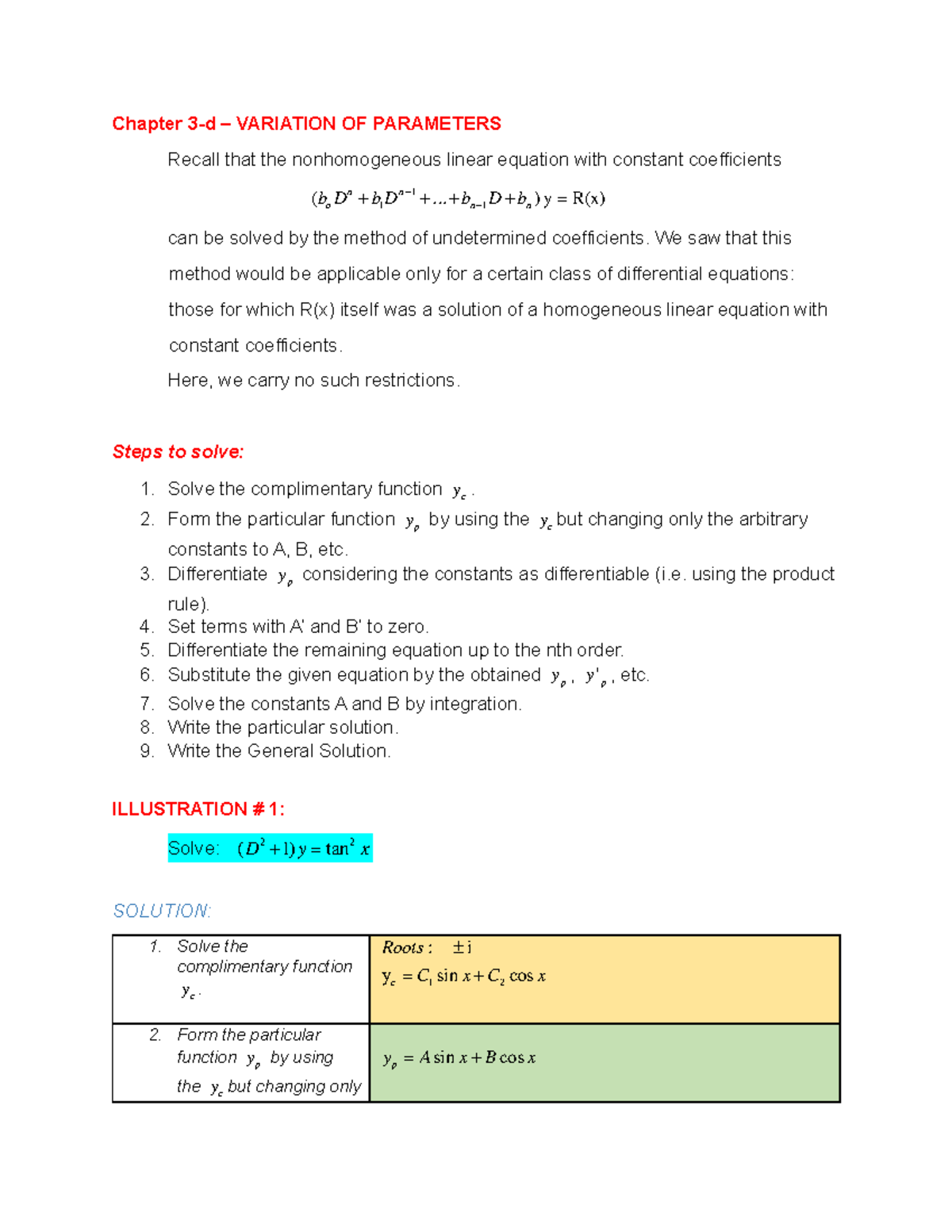 Chapter 3: Variation of Parameters - Differential Equations - Studocu