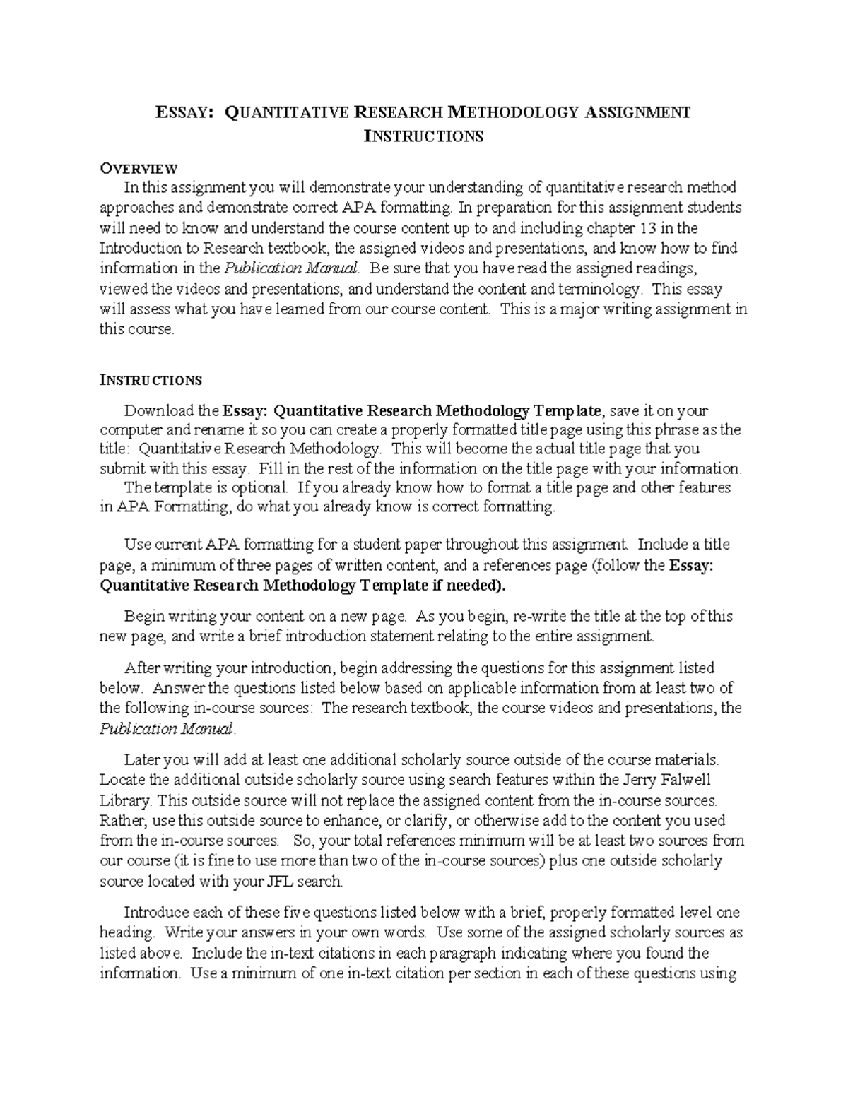 Essay Instructions for Quantitative Research Methodology (QRM 101 ...
