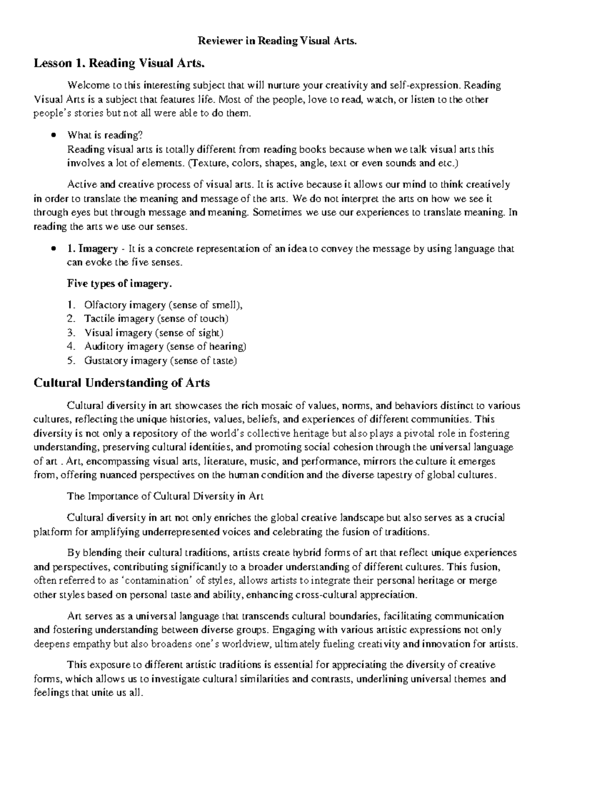 Reading Visual Arts: Cultural Understanding & Imagery Analysis - Studocu