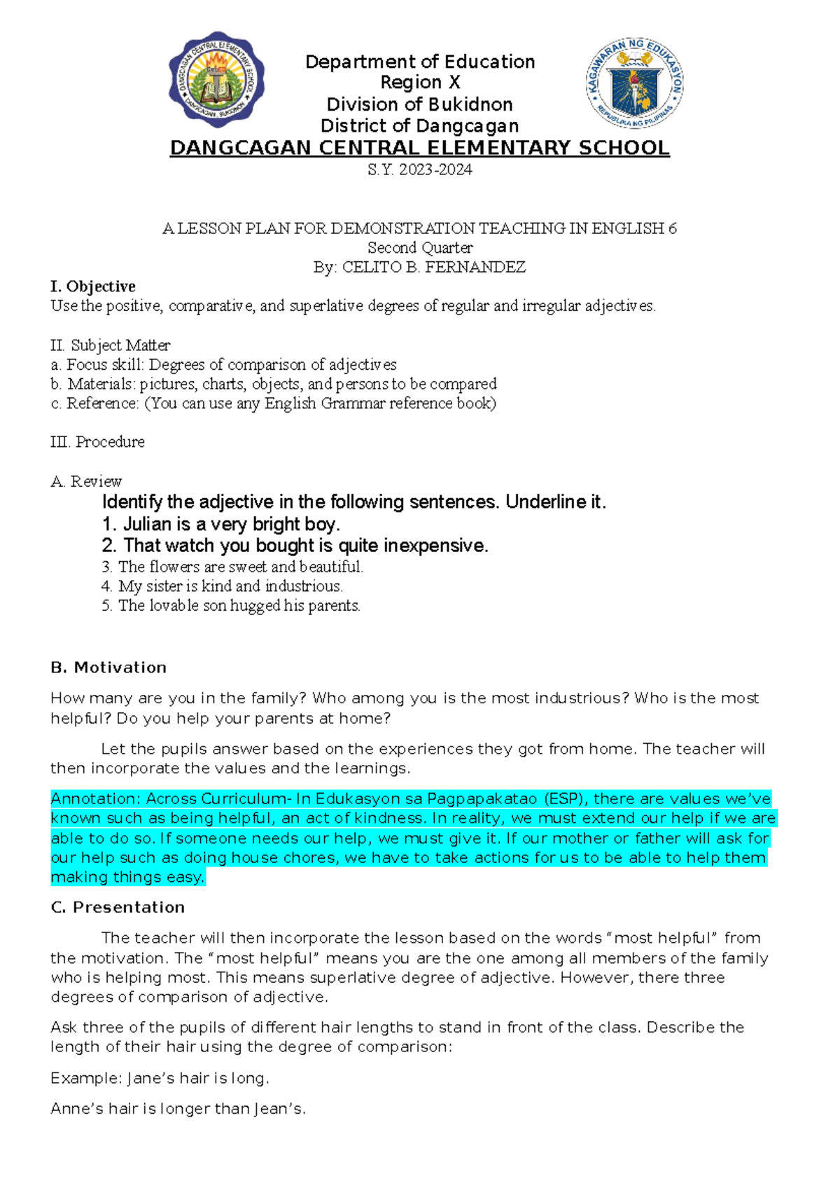 A Lesson Plan for English 6 (2nd Quarter) on Adjective Degrees - Studocu