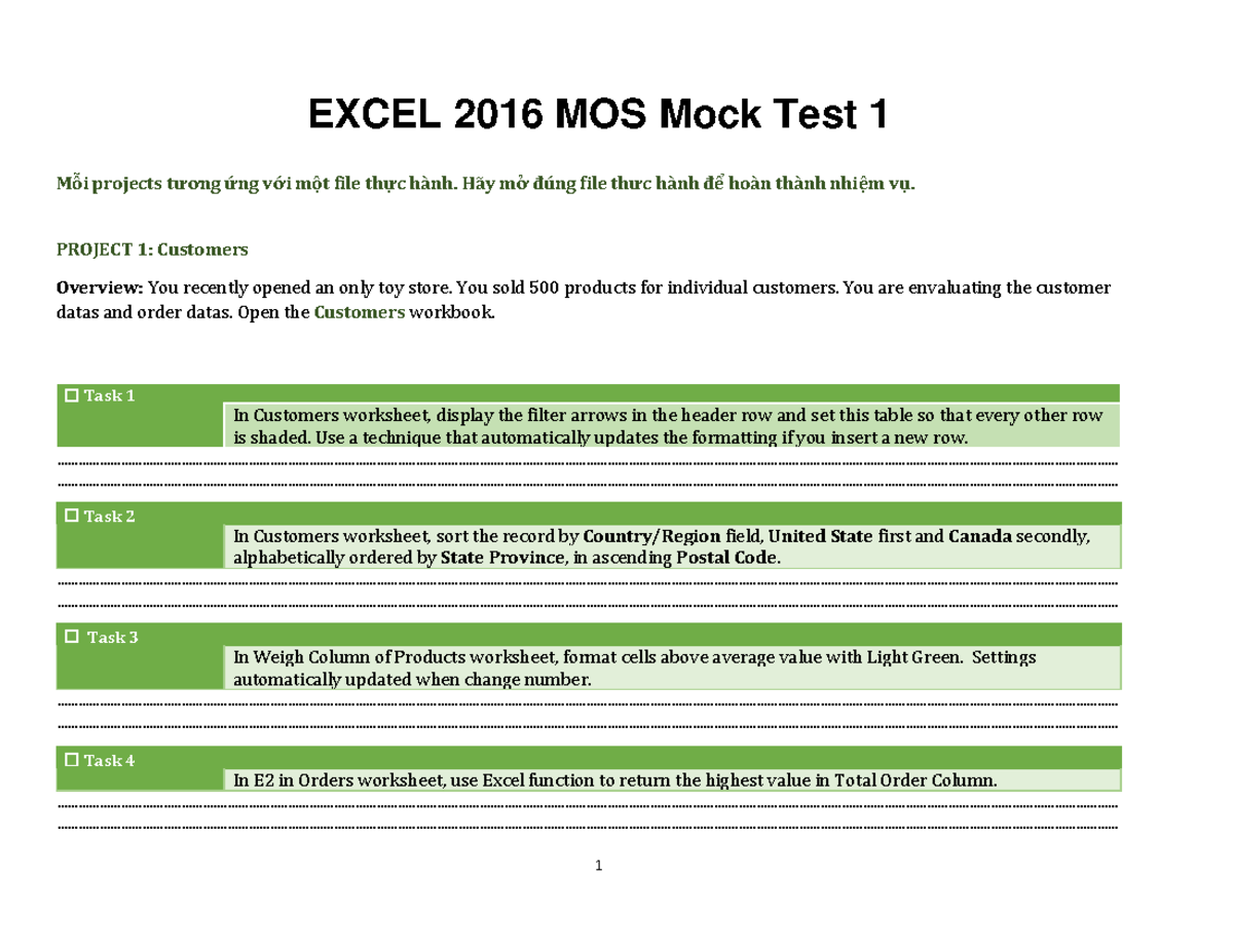 [ Excel 2016 ] Mocktest 1 - EXCEL 2016 MOS Mock Test 1 Mỗi projects ...