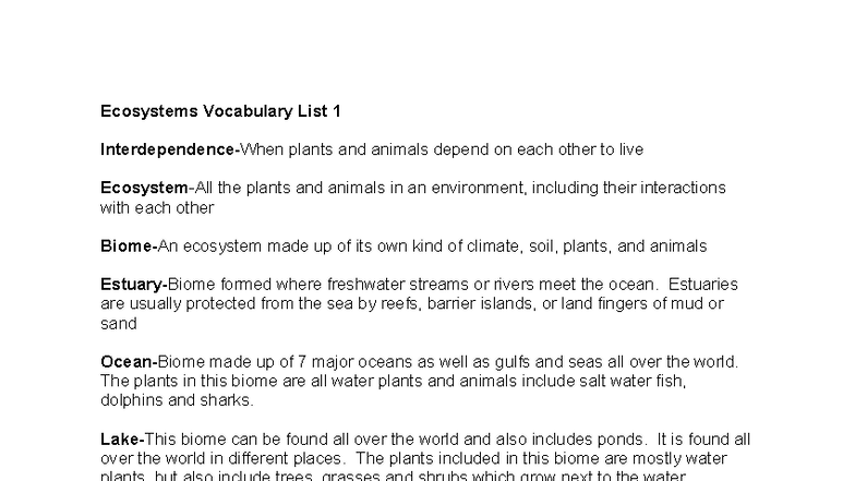 Ecosystems Vocabulary List 1: Interactions of Plants & Animals - Studocu