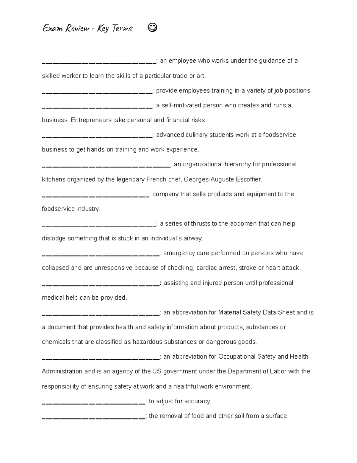 Culinary Arts State Exam - Key Word Review & Practice Material - Studocu
