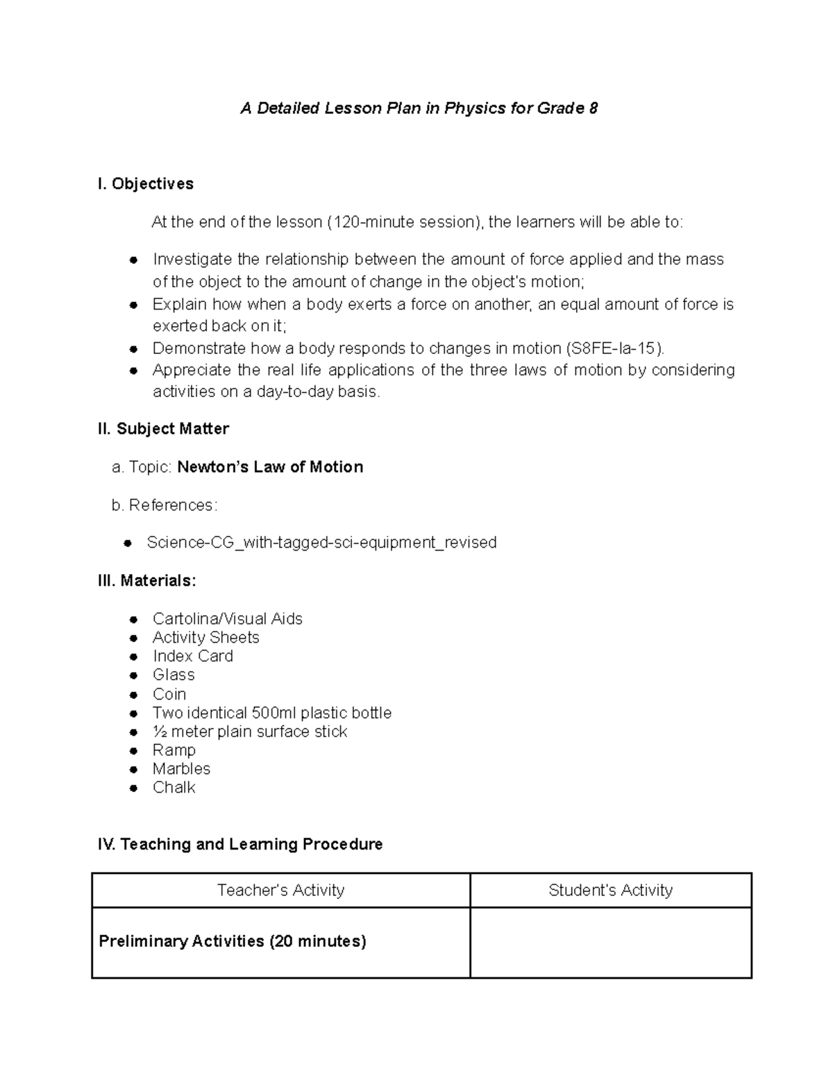 A Comprehensive Lesson Plan on Newton's Laws of Motion - SED 105 - Studocu