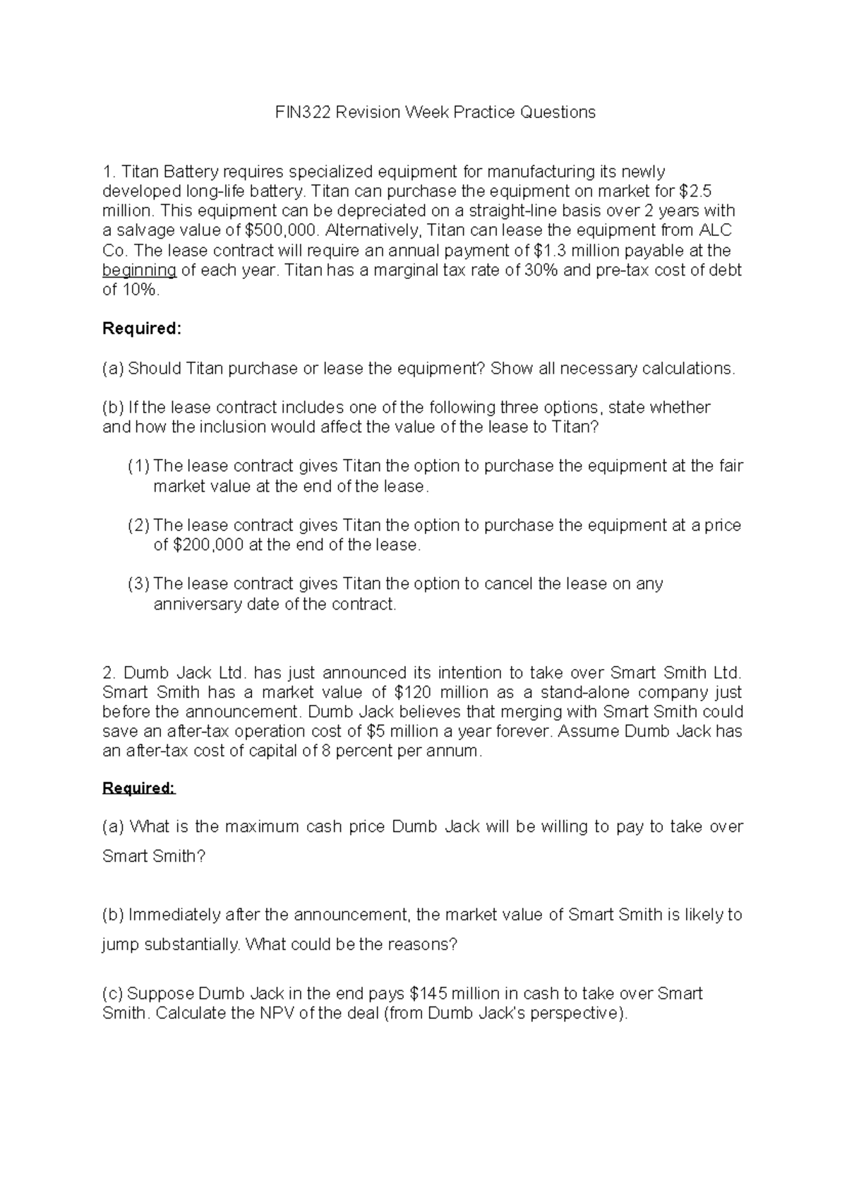 FIN322 Revision Week: Practice Questions on Equipment Leasing & Mergers ...