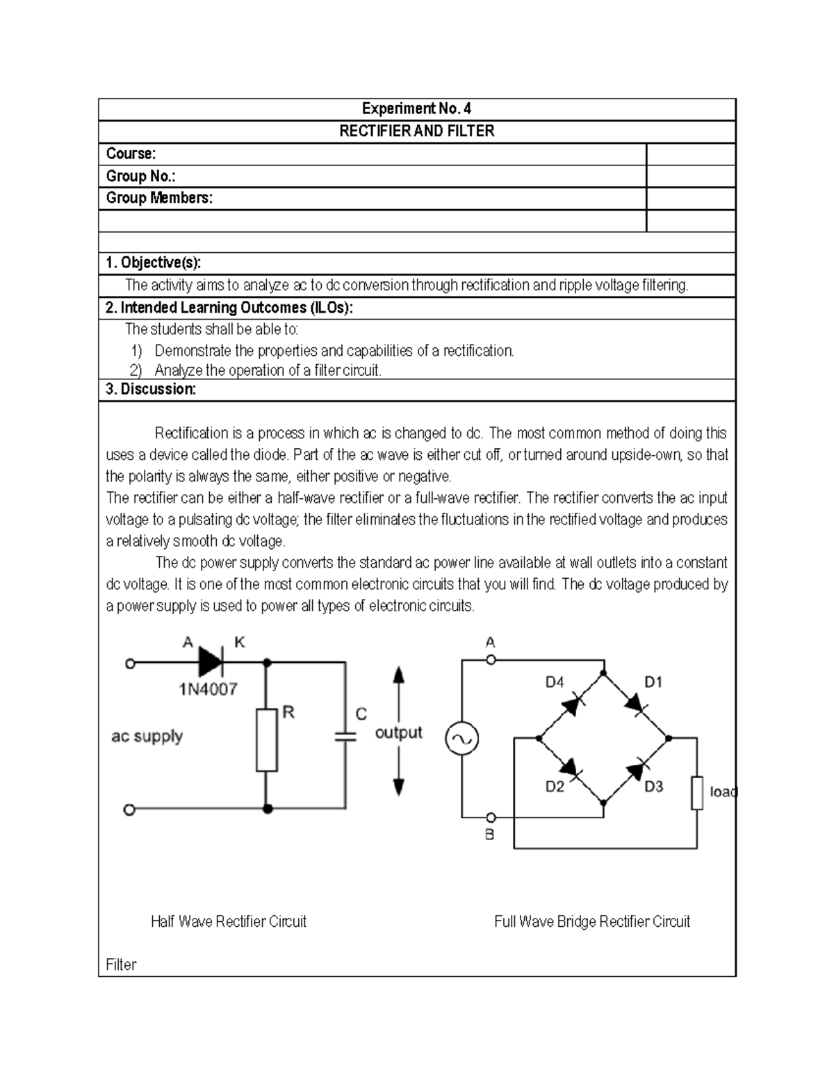 Rectifier and Filter Analysis - Experiment 4 ECE 202 - Studocu