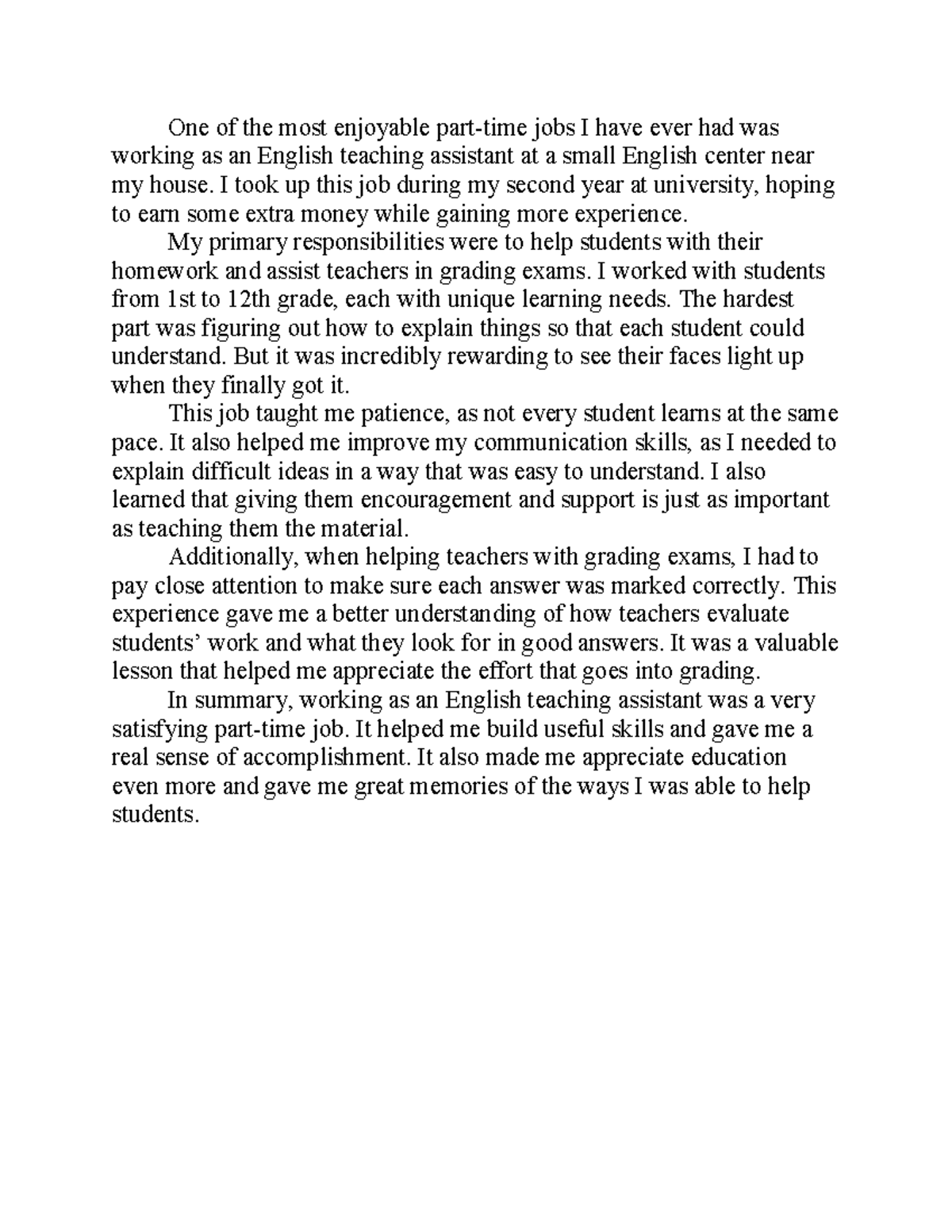Part-Time Job Experience: Insights from an English Teaching Asst. - Studocu