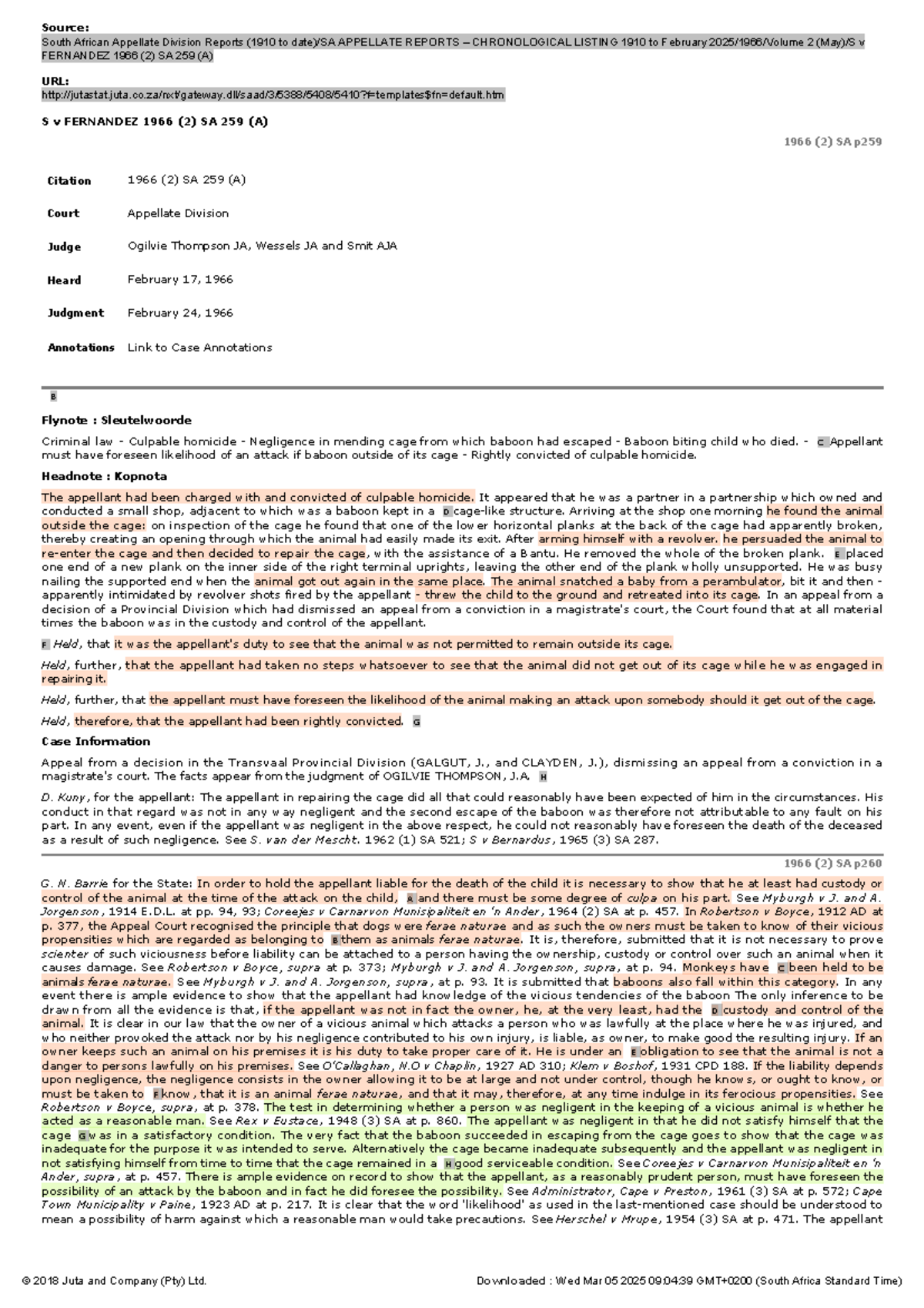 S v Fernandez 1966 (2) SA 259 (A) - Culpable Homicide Case Summary ...