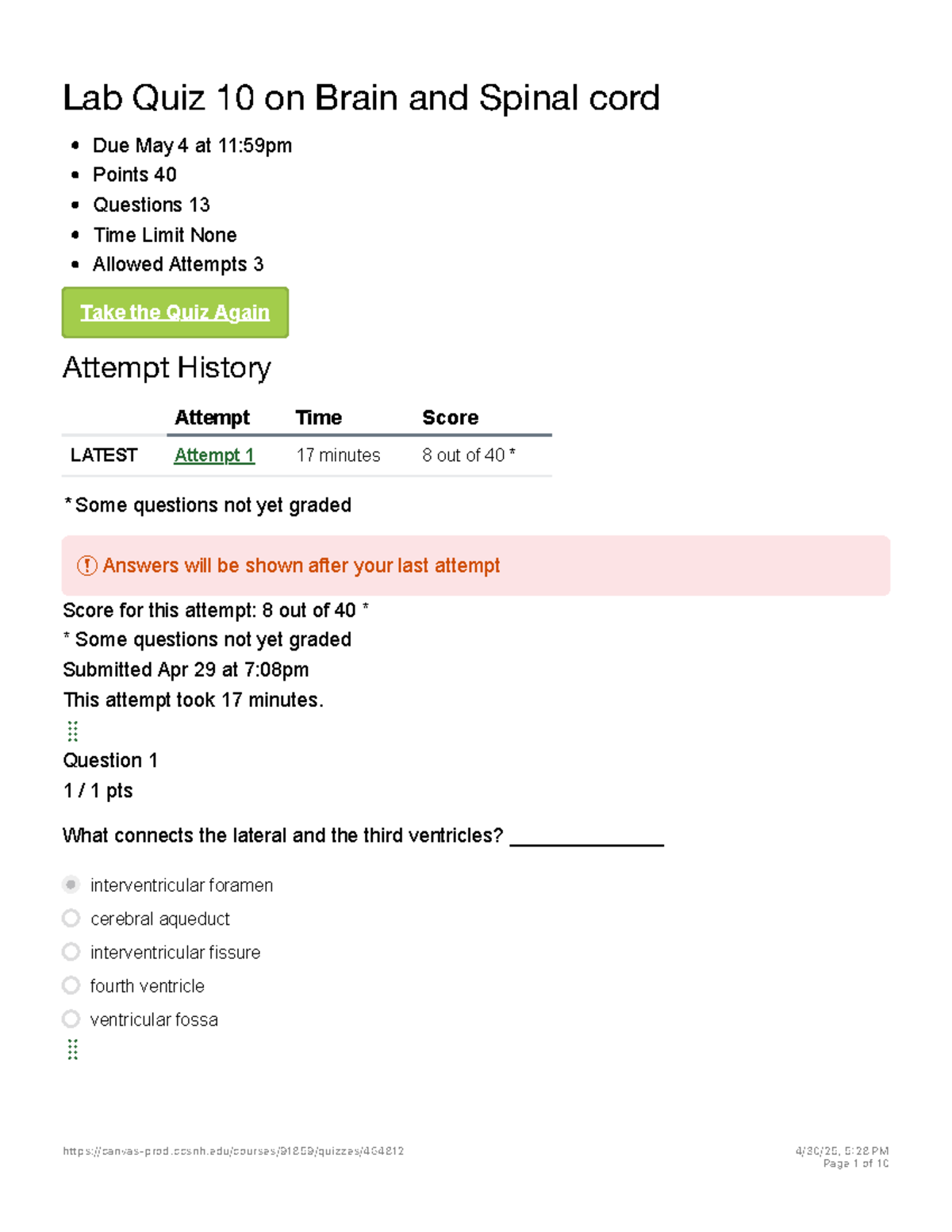 Lab Quiz 10: Brain and Spinal Cord - Spring 2025 PTRM-31 BIOL110M - Studocu