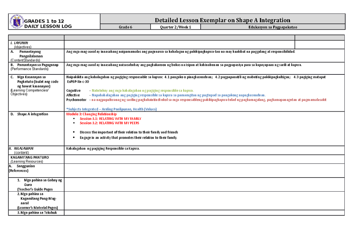 Lesson Exemplar Sample Es P - GRADES 1 to 12 DAILY LESSON LOG Detailed ...