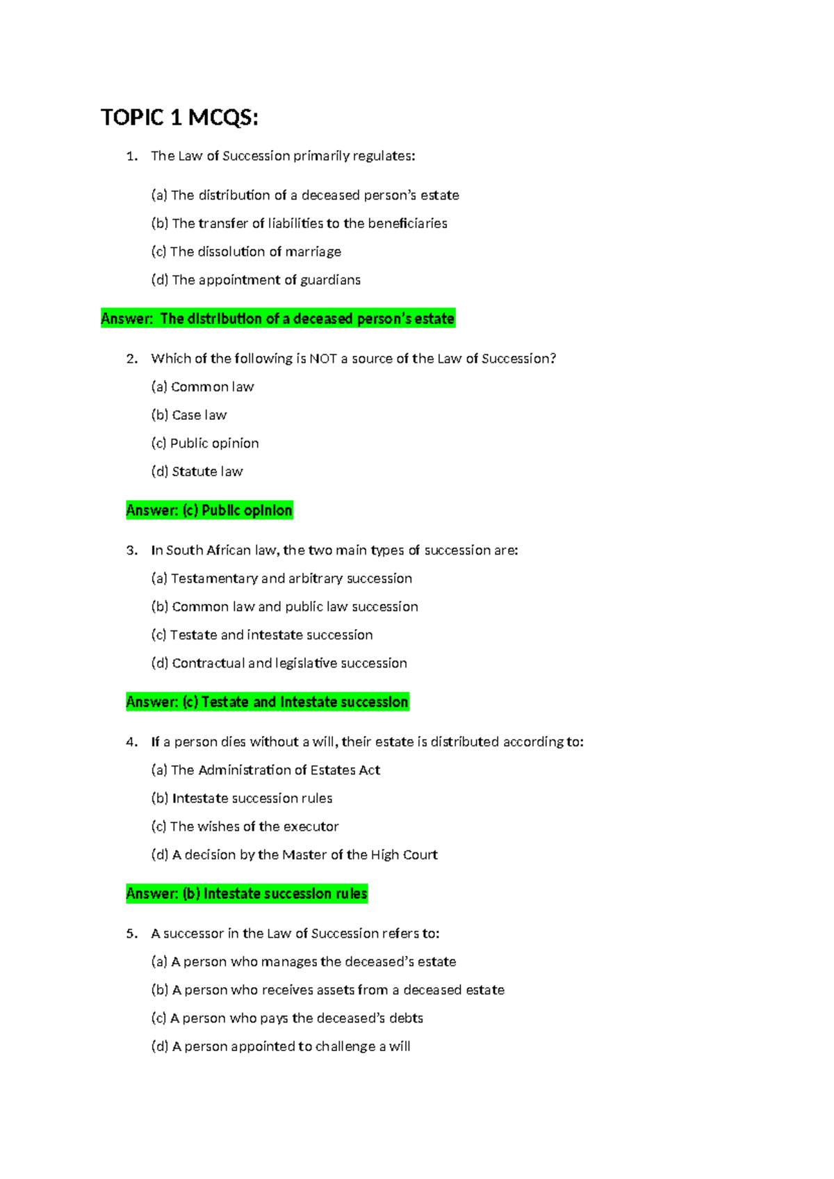 LAW 101: Topic 1 MCQs on the Law of Succession - Studocu