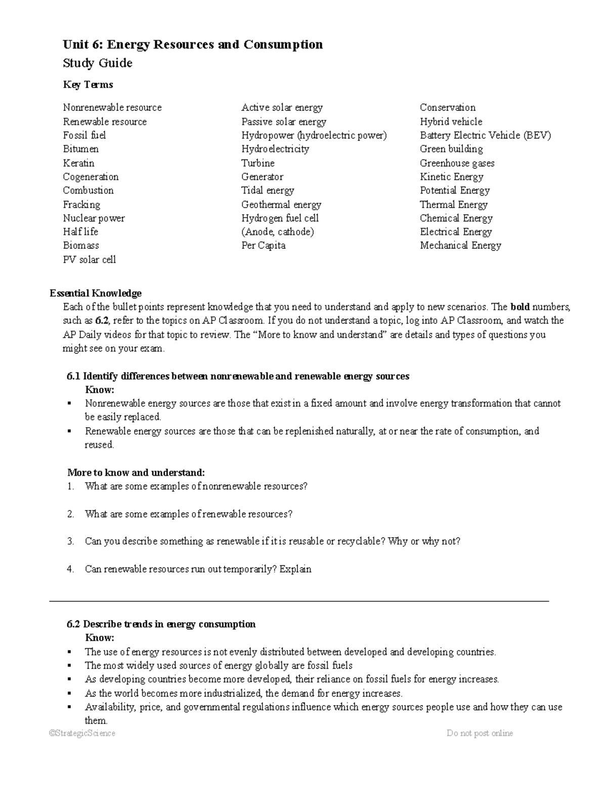 Unit 6: Energy Resources & Consumption Study Guide - AP Env Sci - Studocu