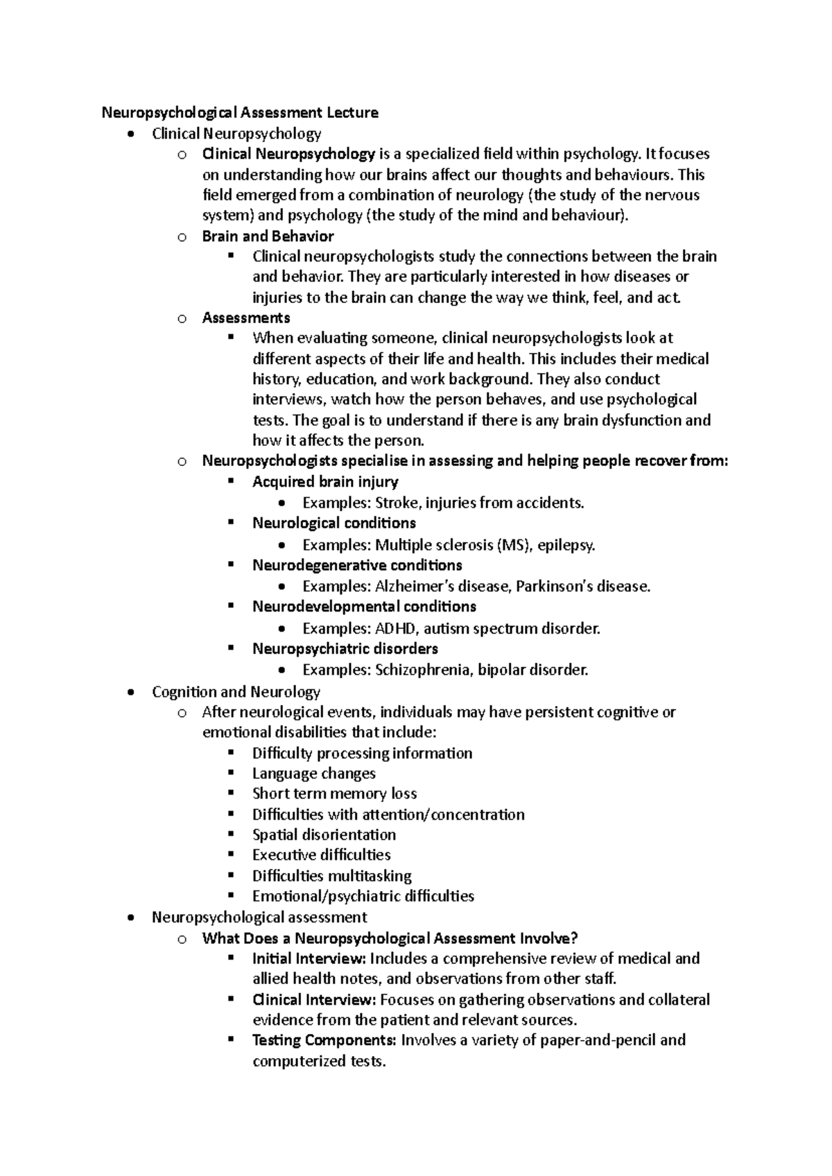 Clinical Neuropsychology Lecture Notes: Understanding Brain-Behavior ...