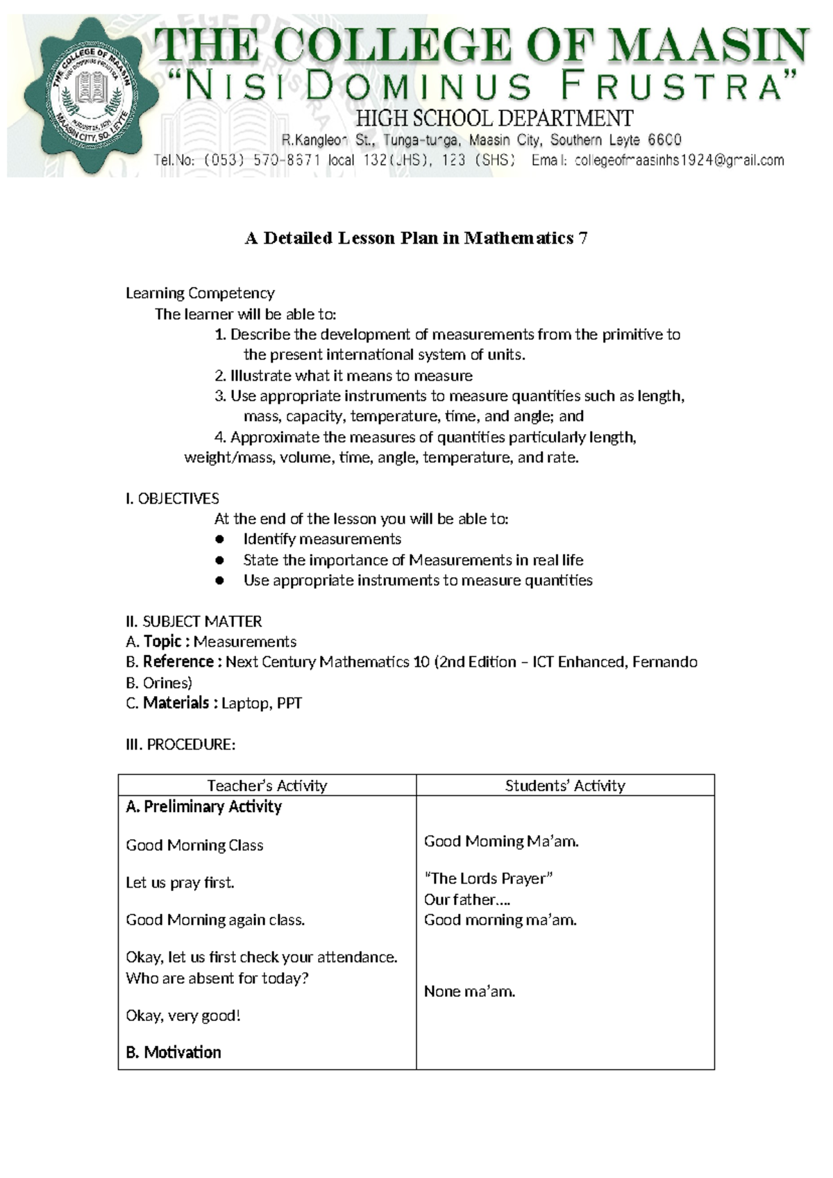 LP in Math 7 - Detailed Lesson Plan on Measurements - Studocu
