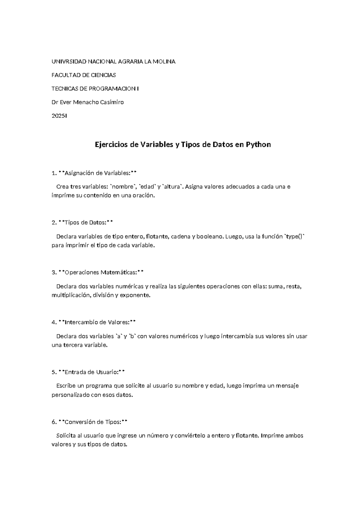 Ejercicios de Variables y Tipos de Datos en Python - TECNICAS DE ...