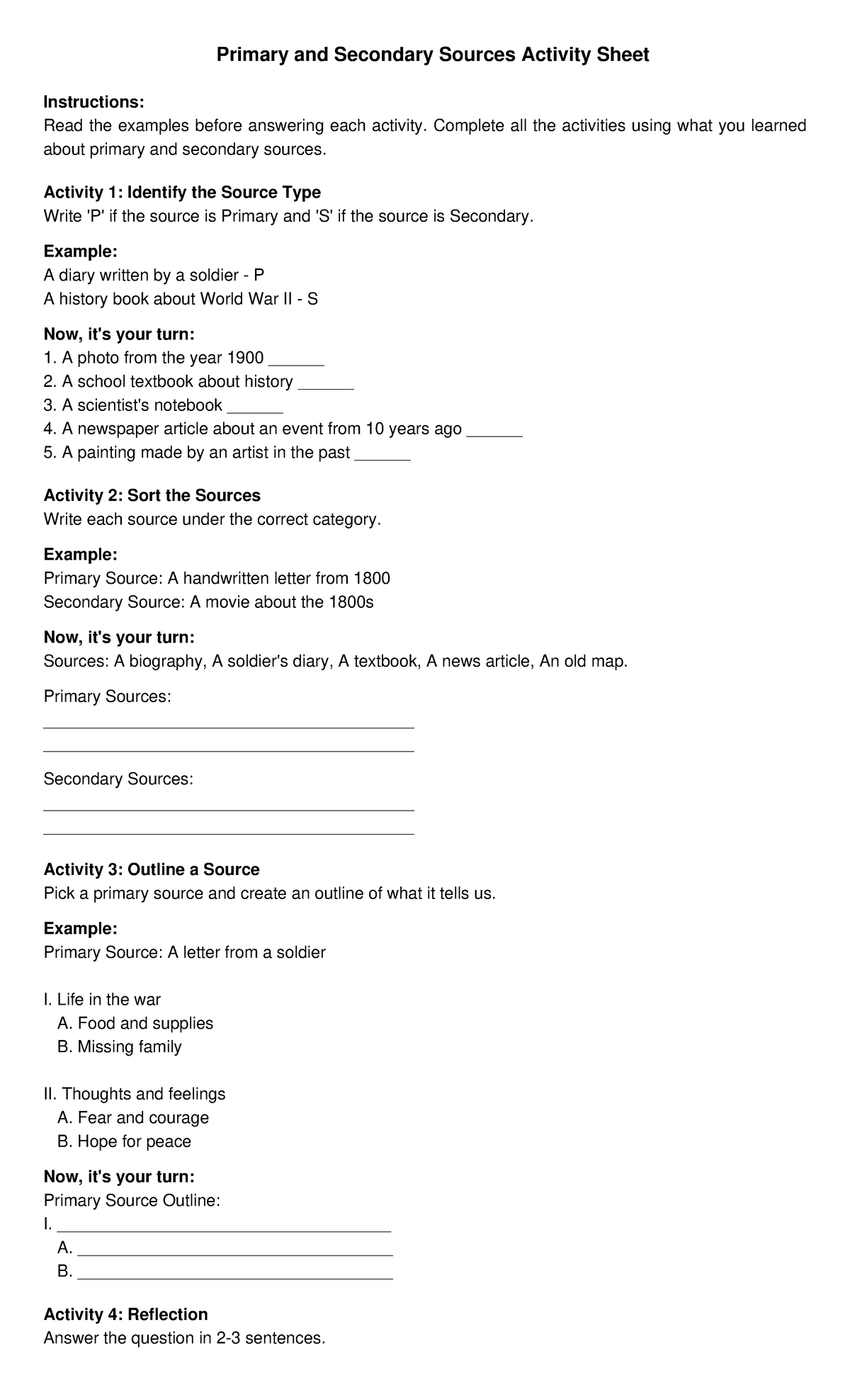 Primary and Secondary Sources Activity Sheet - Primary and Secondary ...
