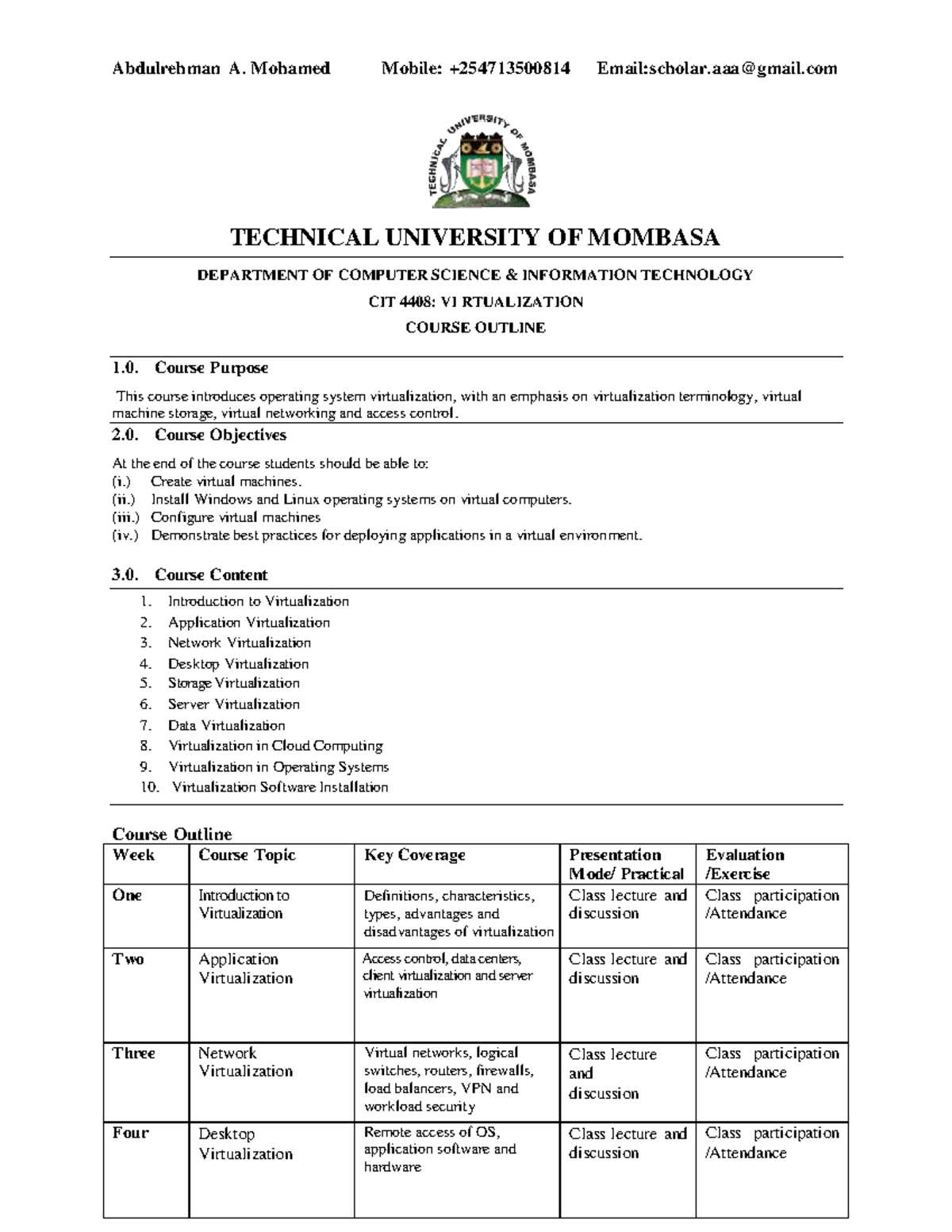 CIT 4408 Virtualization Course Outline & Schedule - TUM - Studocu