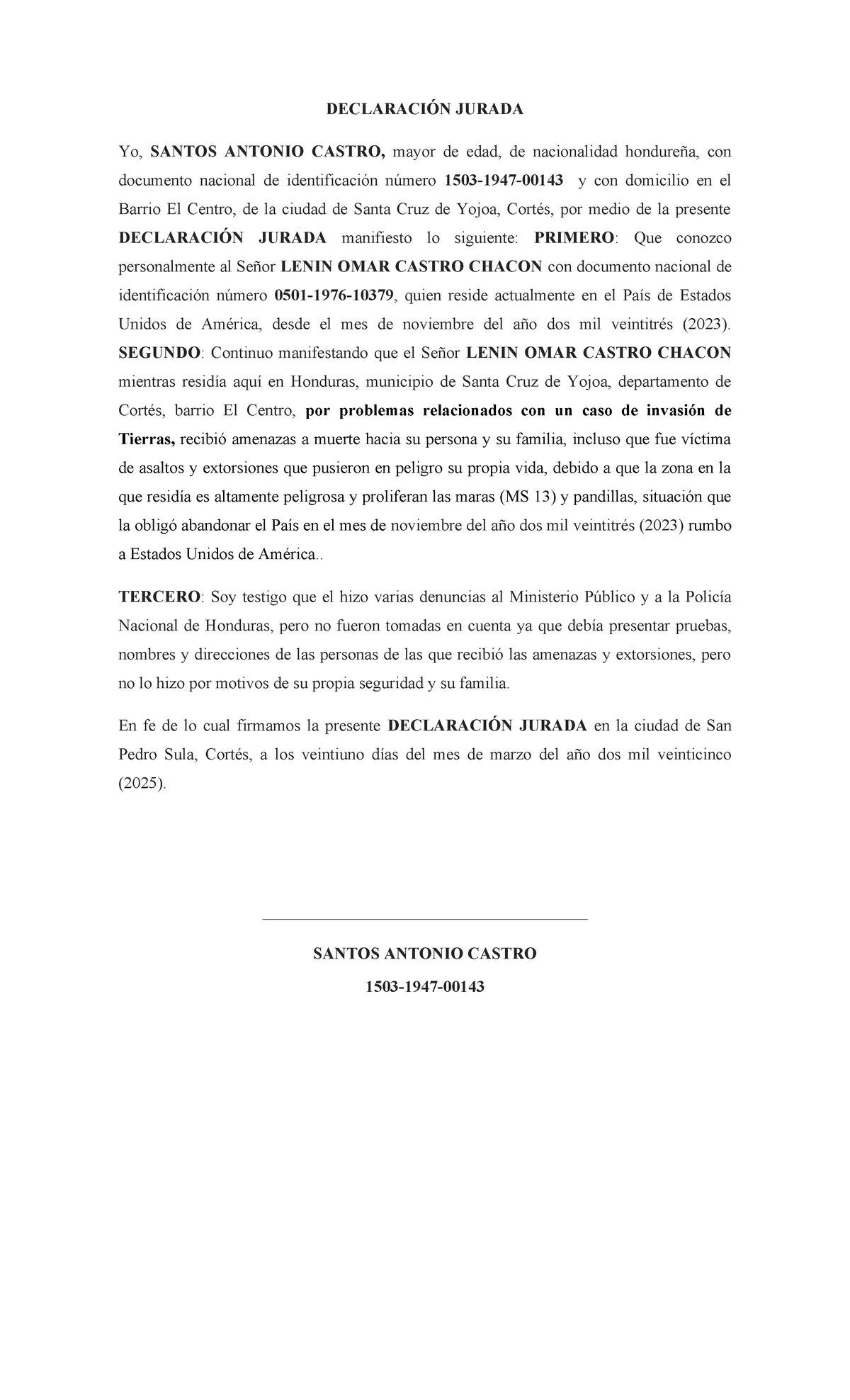 Declaración Jurada sobre Amenazas a Lenin Omar Castro - Studocu