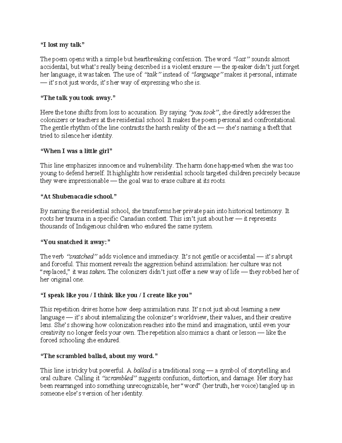 Analysis of "I Lost My Talk" Poem - ENG 101 Essay Notes - Studocu