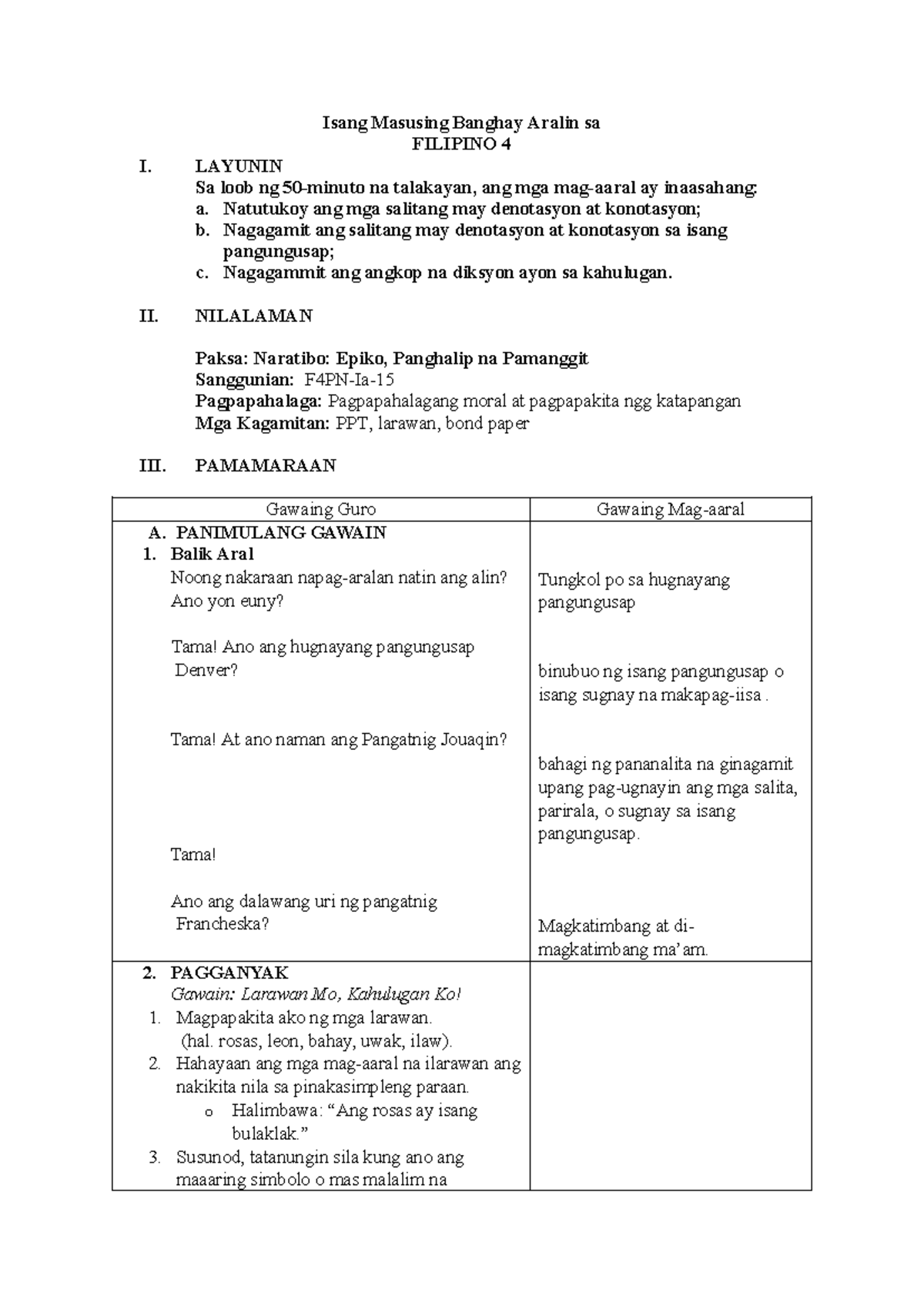 FILIPINO 4 - W2D1 LESSON PLAN: Denotasyon at Konotasyon - Studocu
