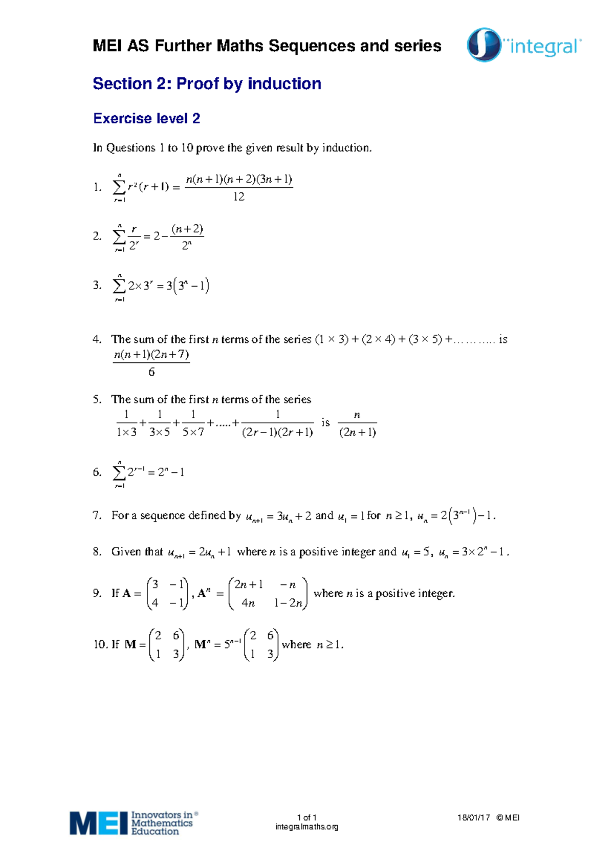 MEI AS Further Maths: Sequences & Series Level 2 Revision - Studocu