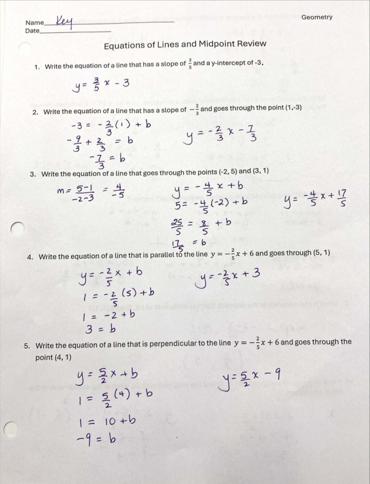 Geometry 1-2-25: Equations of Lines & Midpoint Review Key - Studocu
