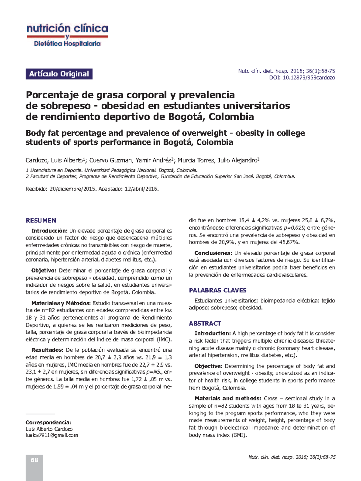 Porcentaje de Grasa Corporal y Prevalencia de Sobrepeso en Estudiantes ...