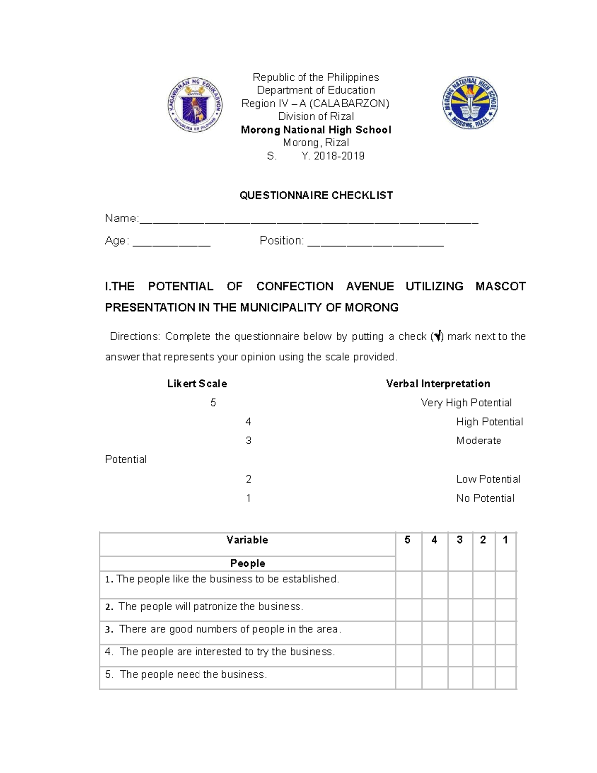 Questionnaire Checklist for Evaluating Confection Avenue Potential ...