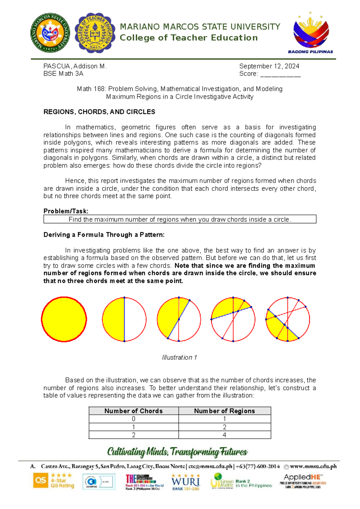 Math 168: Investigative Activity on Maximum Regions in a Circle - Studocu