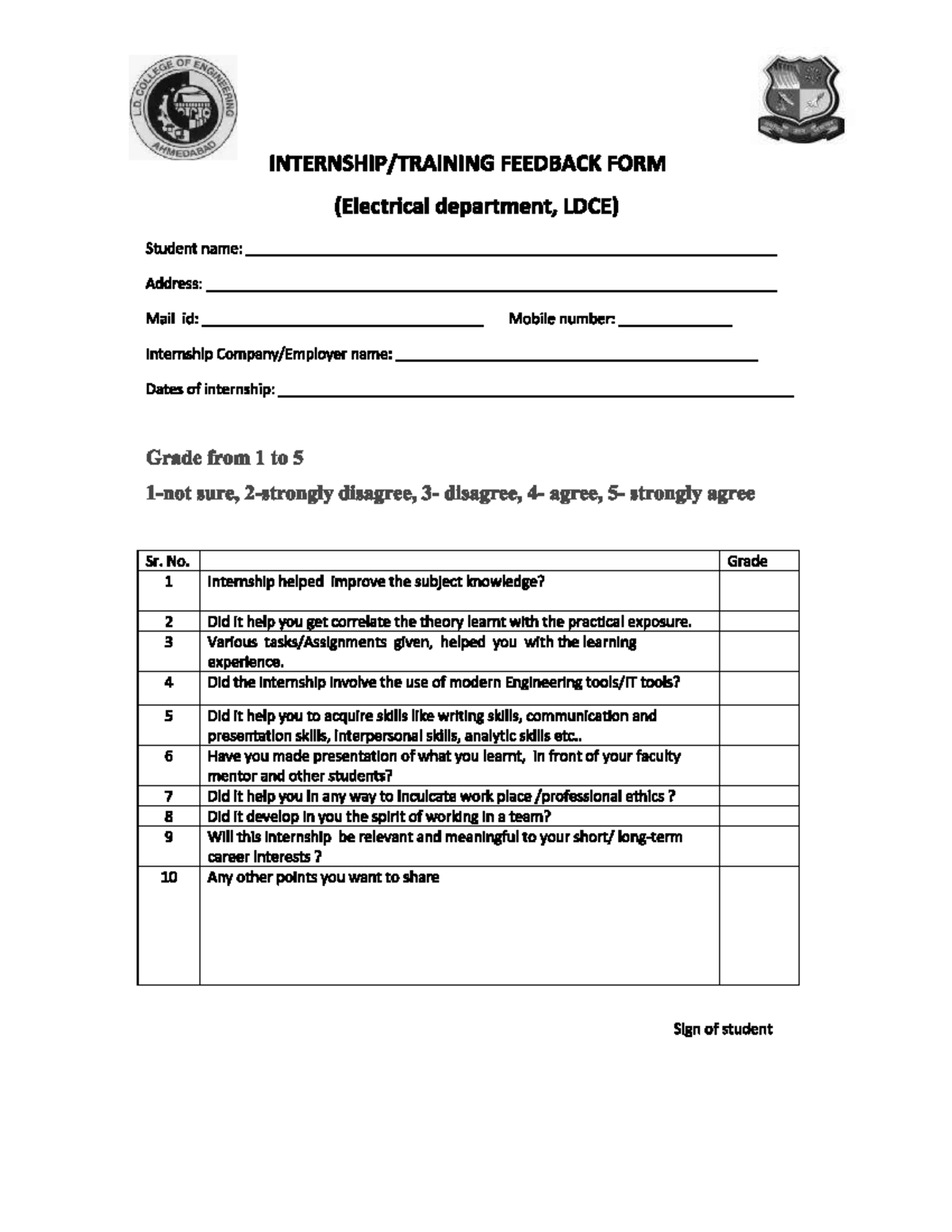Feedback Form for Internship 2025 - Electrical Dept. (LDCE) - Studocu