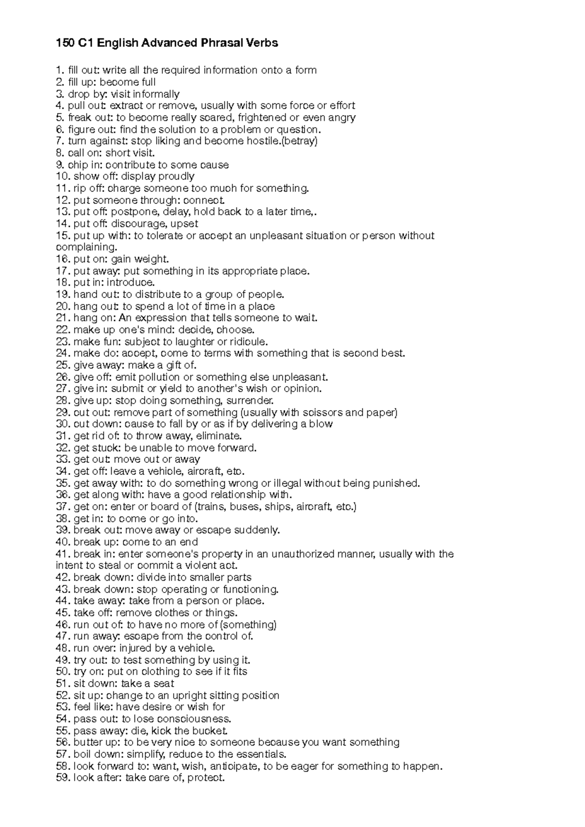 150 C1 English Advanced Phrasal Verbs: Comprehensive Guide - Studocu