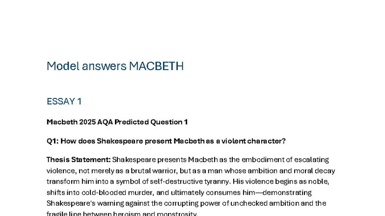 Model Answers for AQA MACBETH Essays 2025: Themes & Analysis - Studocu
