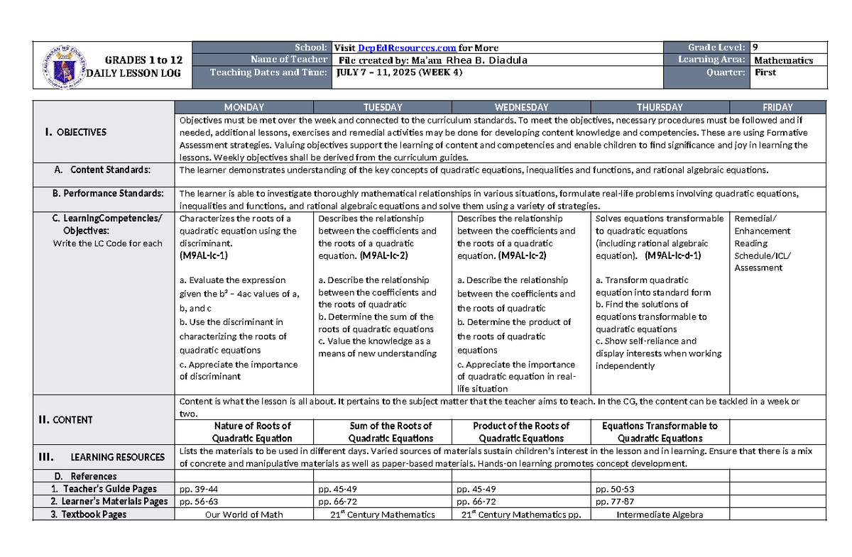 DLL Mathematics 9 Q1 Week 4: Quadratic Equations & Roots - Studocu