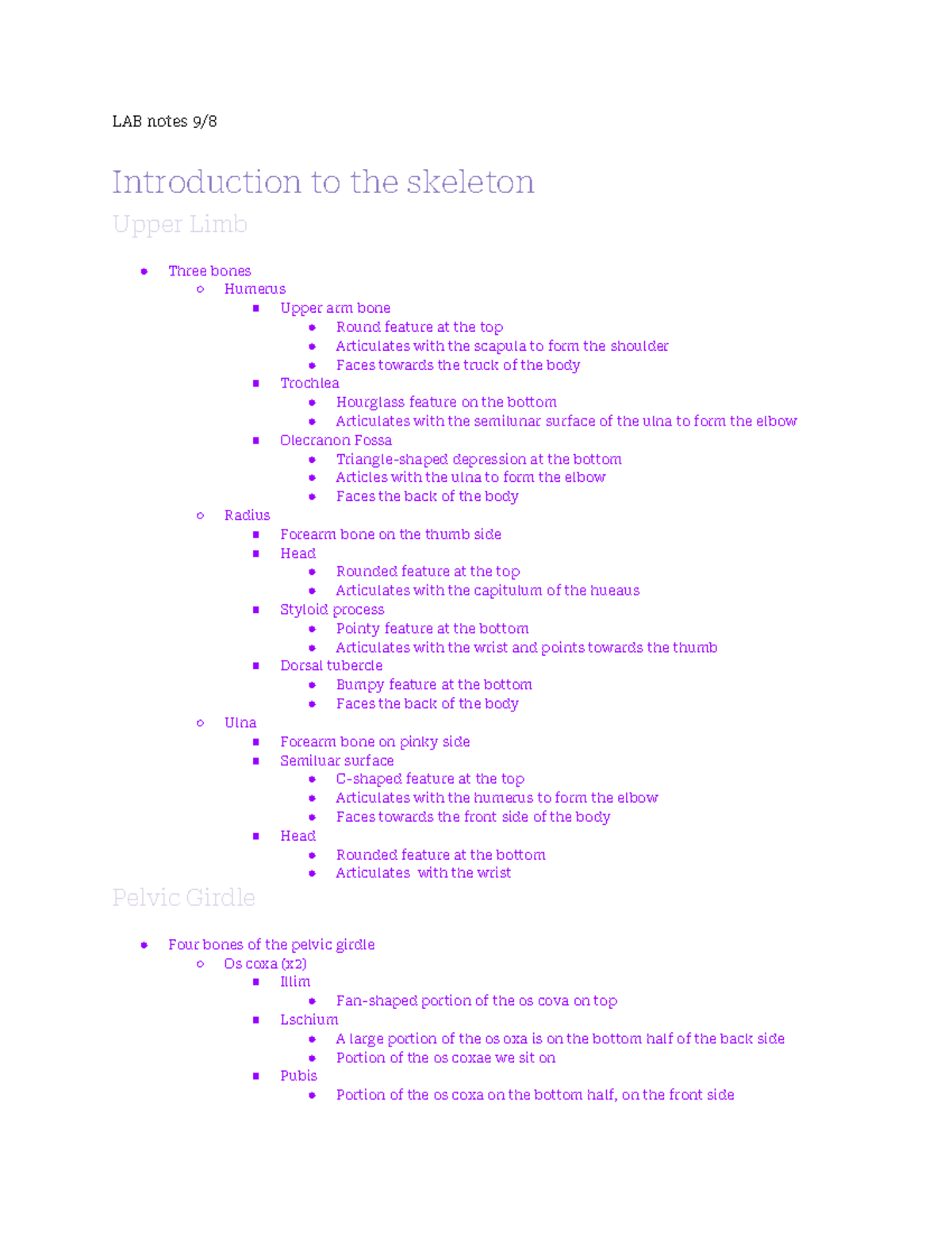 LAB Notes: Introduction to the Skeleton - Upper Limb & Lower Limb - Studocu