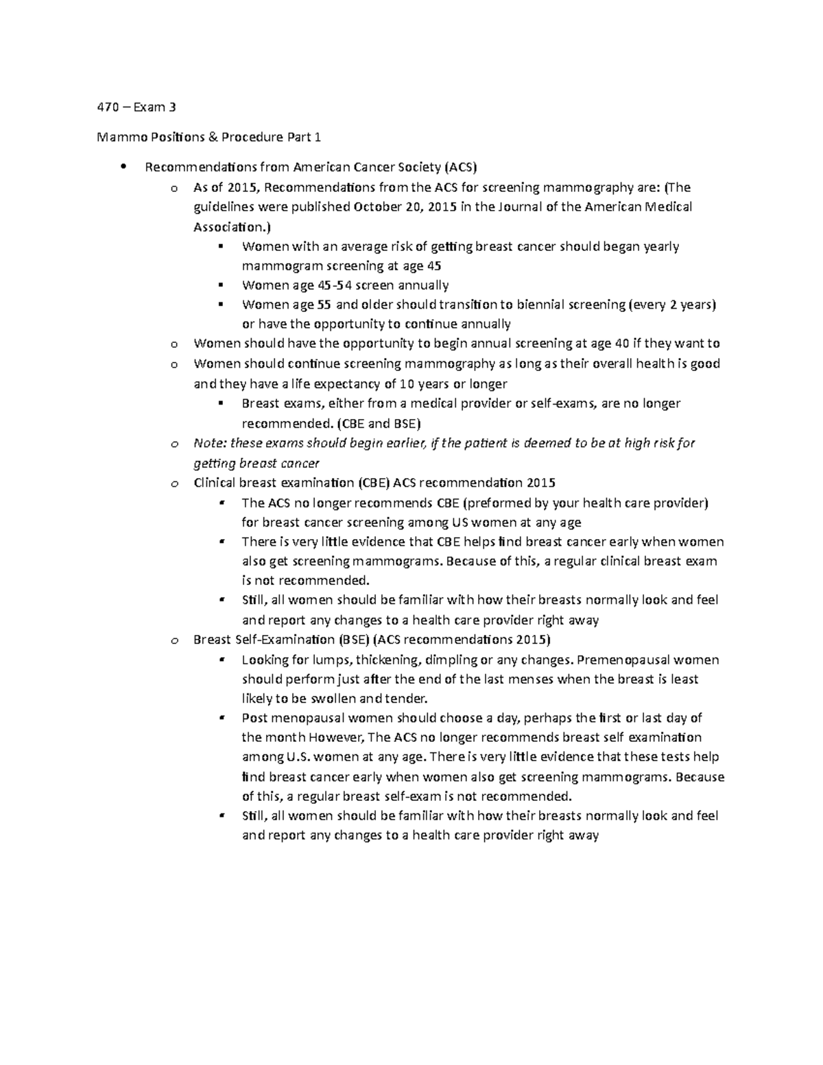 Exam 3 - All Lecture Notes - 470 – Exam 3 Mammo Positions & Procedure ...