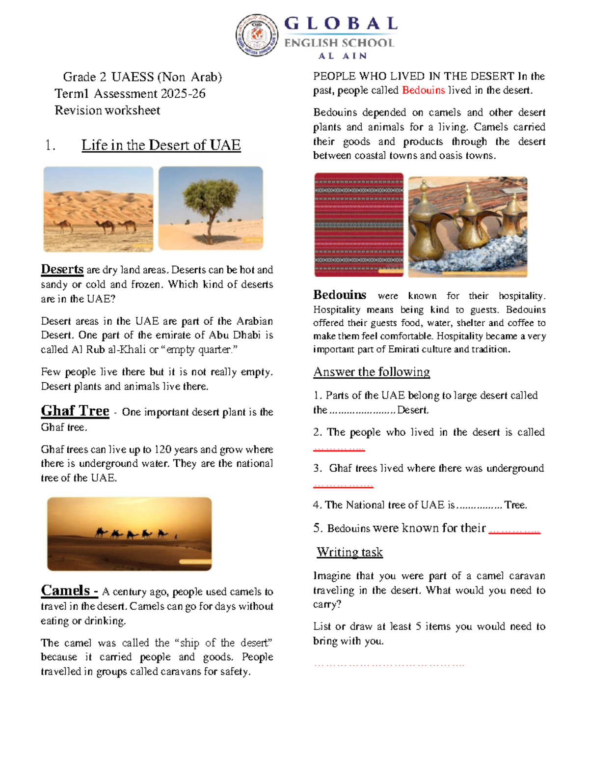 Grade 2 UAE SS Term 1 Assessment Revision: Life in the Desert - Studocu