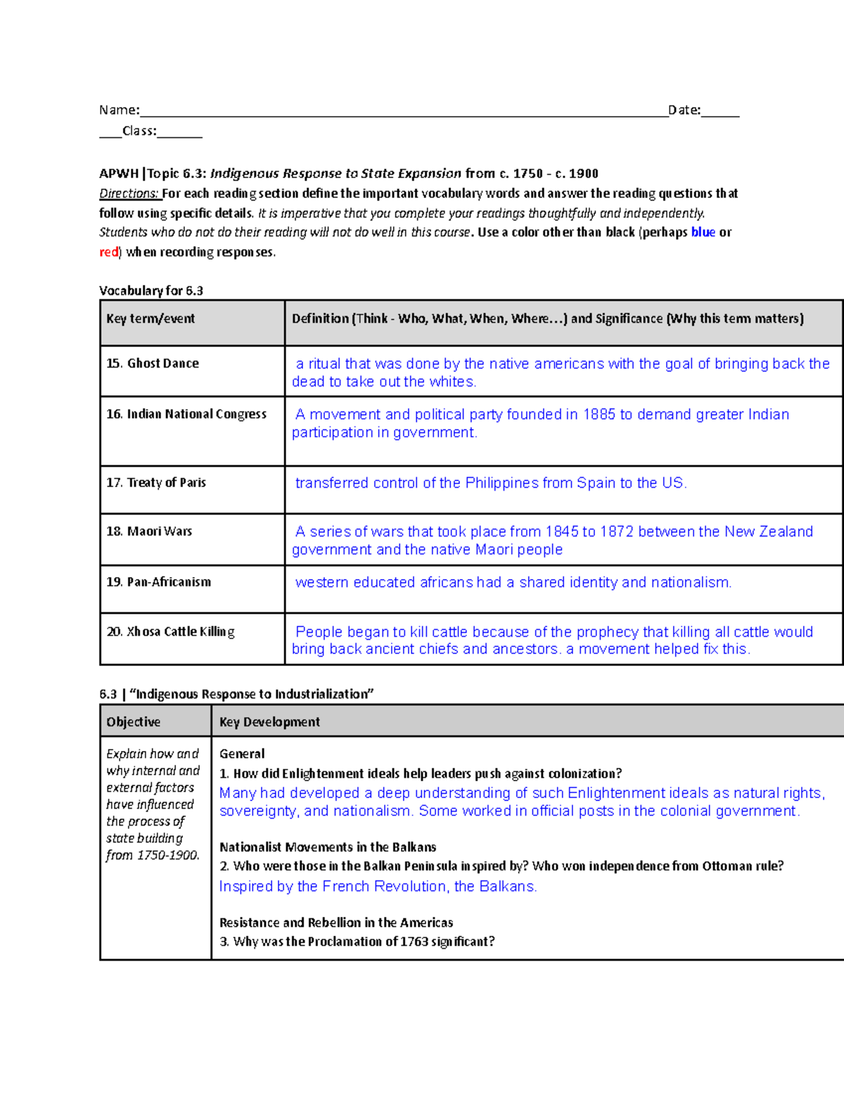 6.3 APWH AMSCO Reading Guide: Indigenous Responses (c. 1750-1900) - Studocu