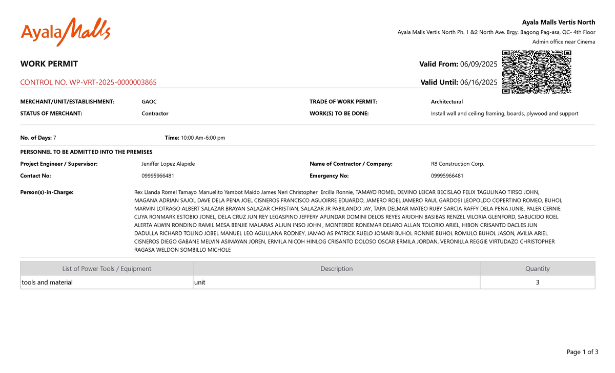 Work Permit for Ayala Malls Vertis North - WP-VRT-2025-0000003865 - Studocu