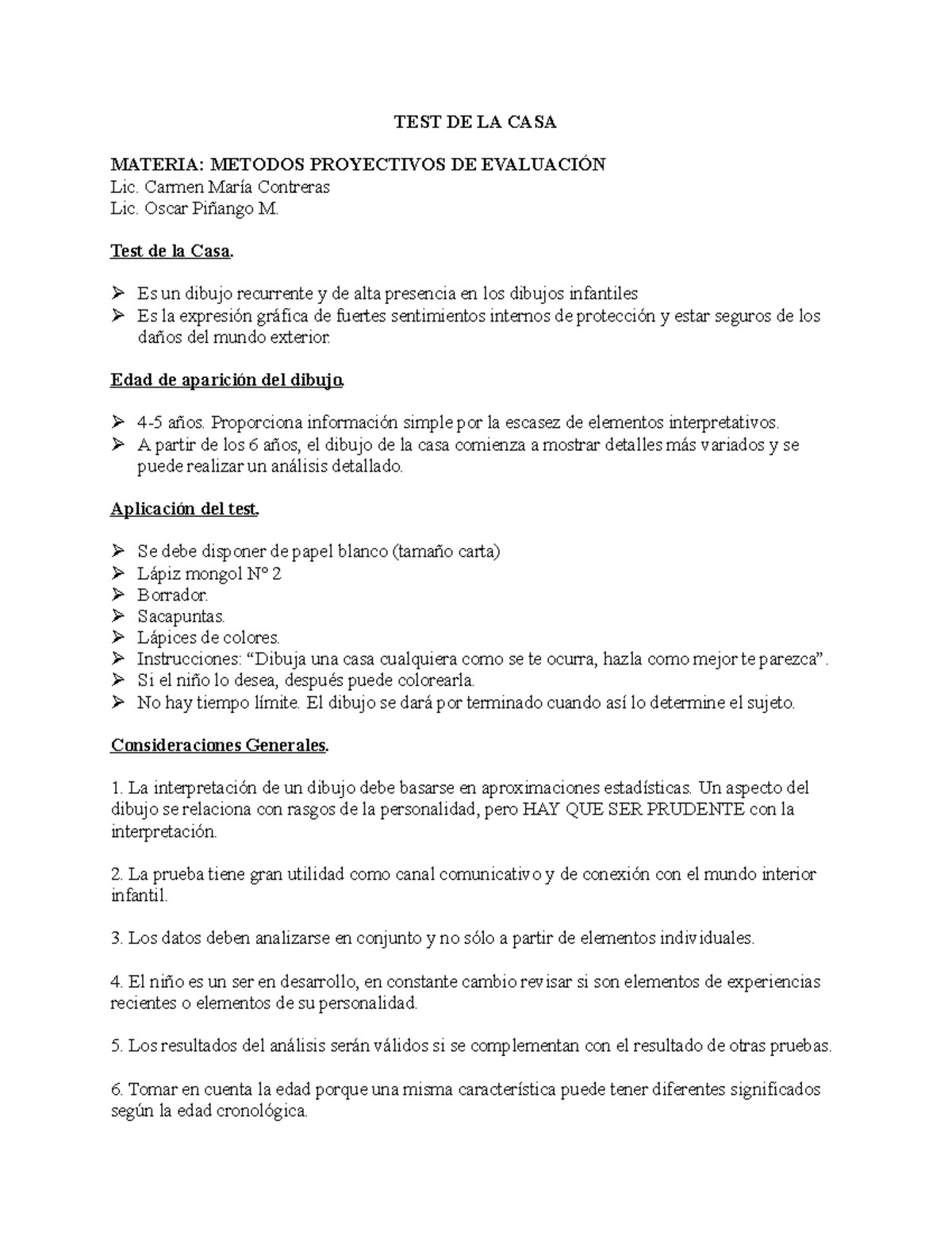 Guía de Interpretación del Test de la Casa en Métodos Proyectivos - Studocu