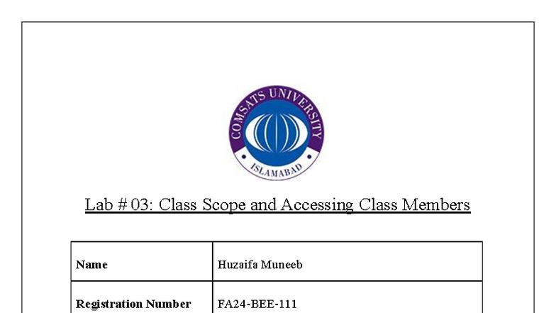 BEE LAB3 111 - Lab Report on Class Scope & Member Access - Studocu