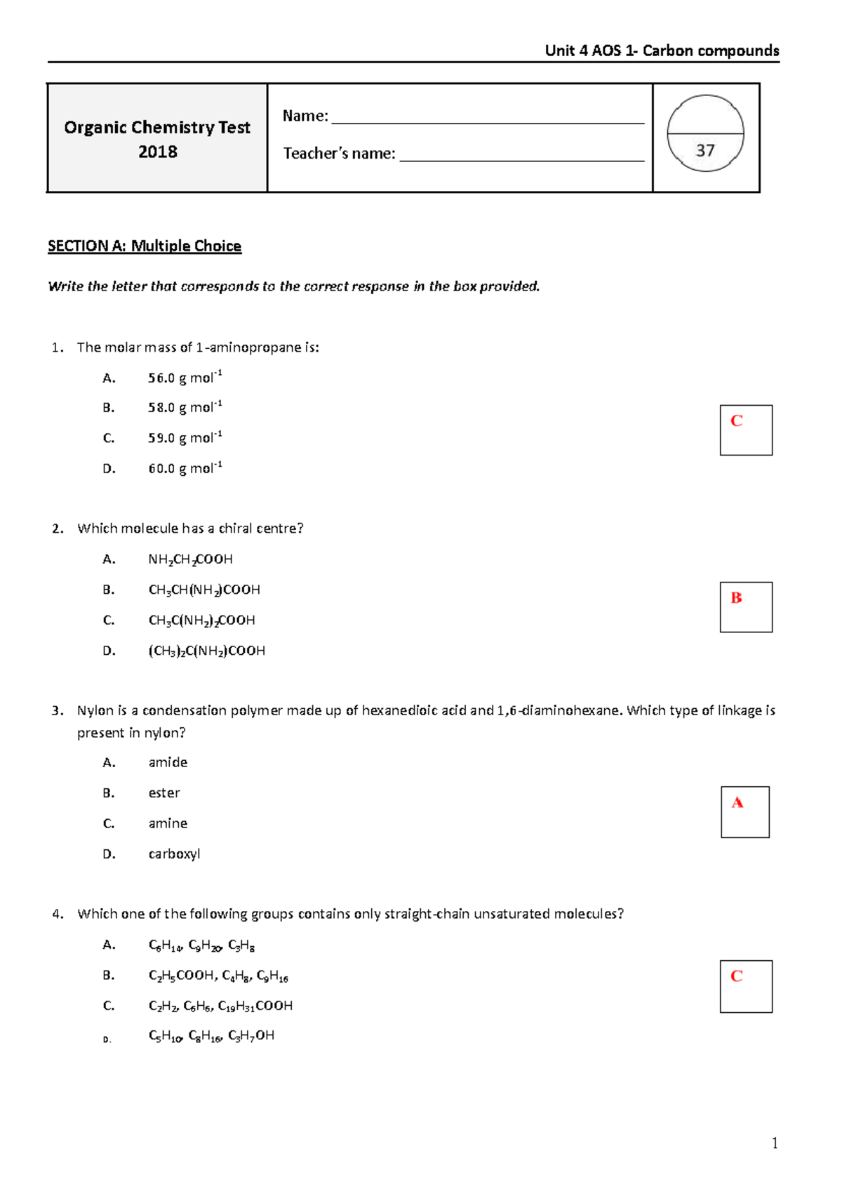 Unit 4 AOS Organic Chemistry Test 2018 Solutions & Comments - Studocu