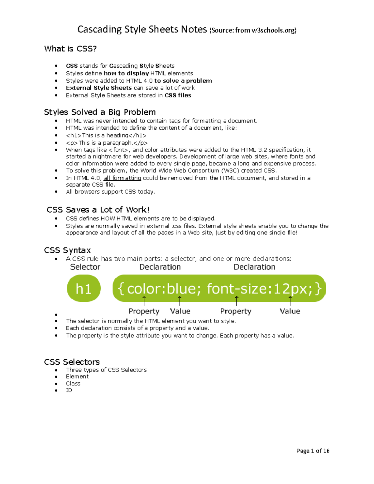 CSS Notes - Cascading Style Sheets Notes (Source: from w3schools) What ...
