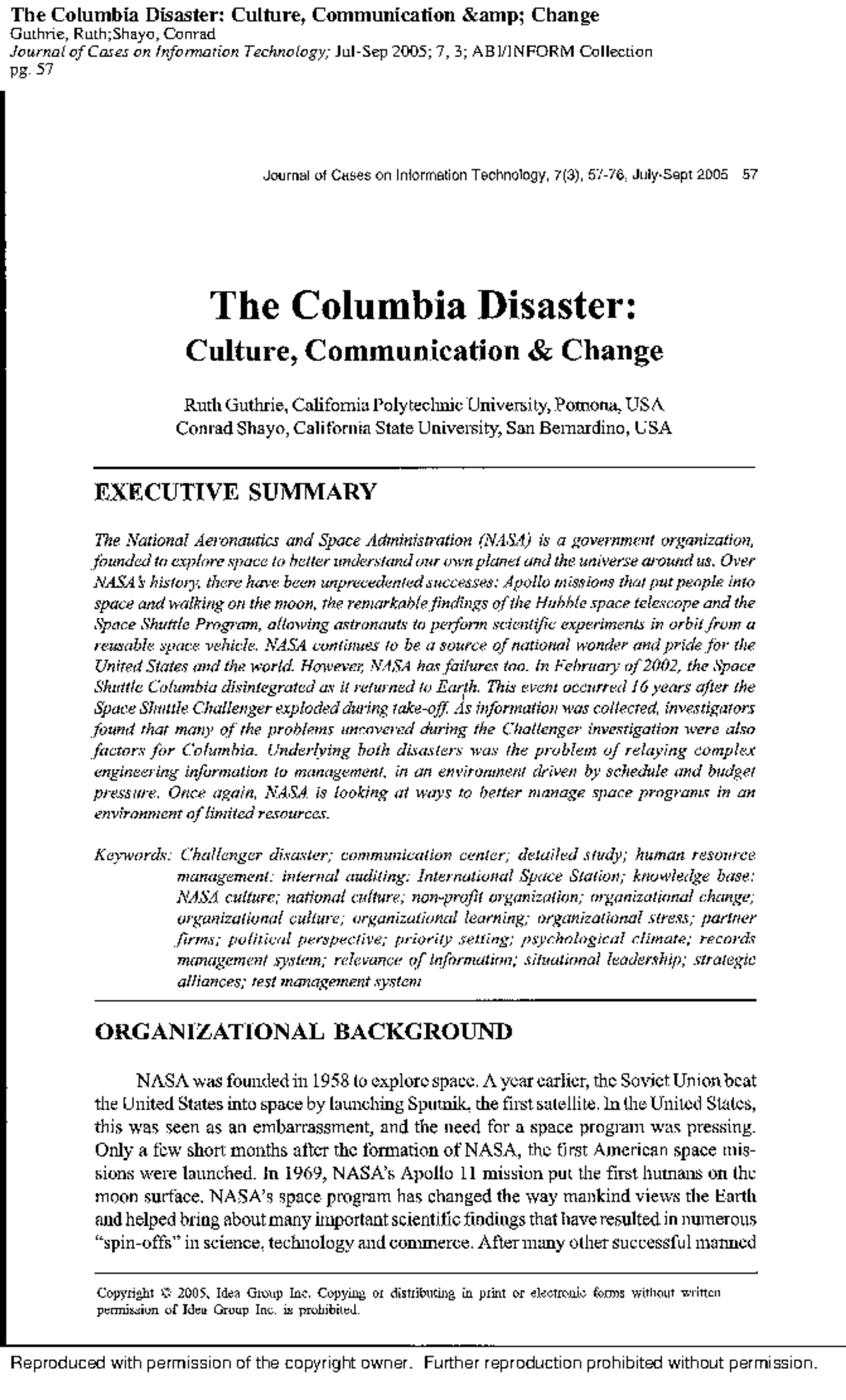 The Columbia Disaster: Culture & Communication Change (Case Study ...