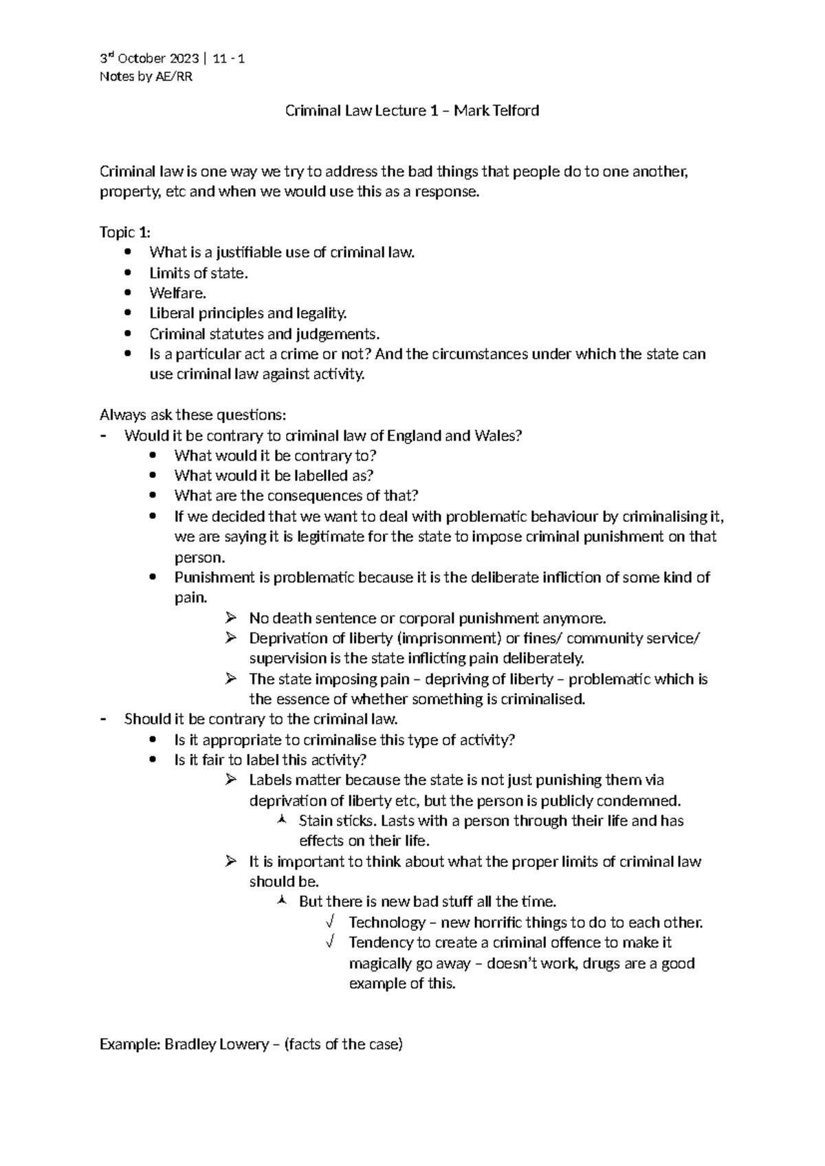Criminal Law Lecture 1 - Notes by AE/RR Criminal Law Lecture 1 – Mark ...